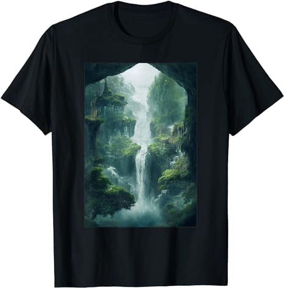 Overview Surreal Architecture Cliff With Waterfalls Towering T-Shirt ...