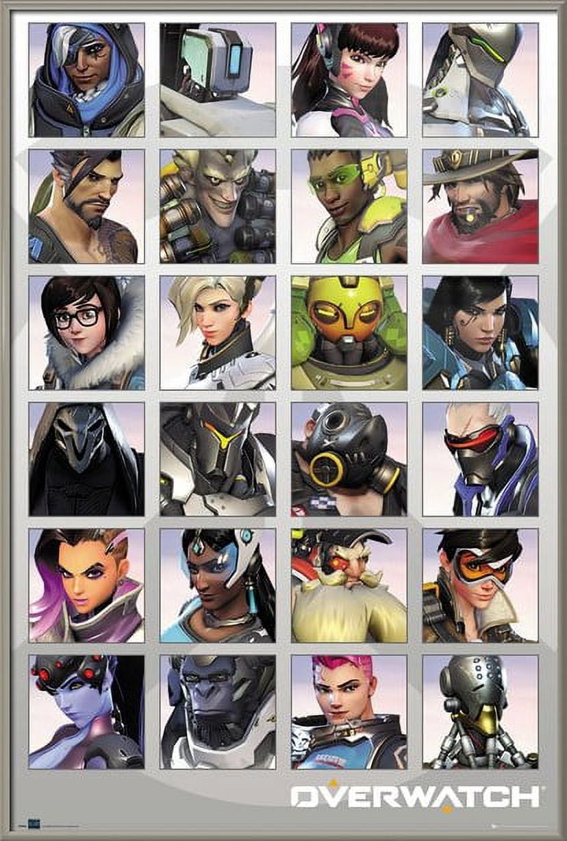Overwatch - Framed Gaming Poster (Character Grid) (Brushed Champagne ...