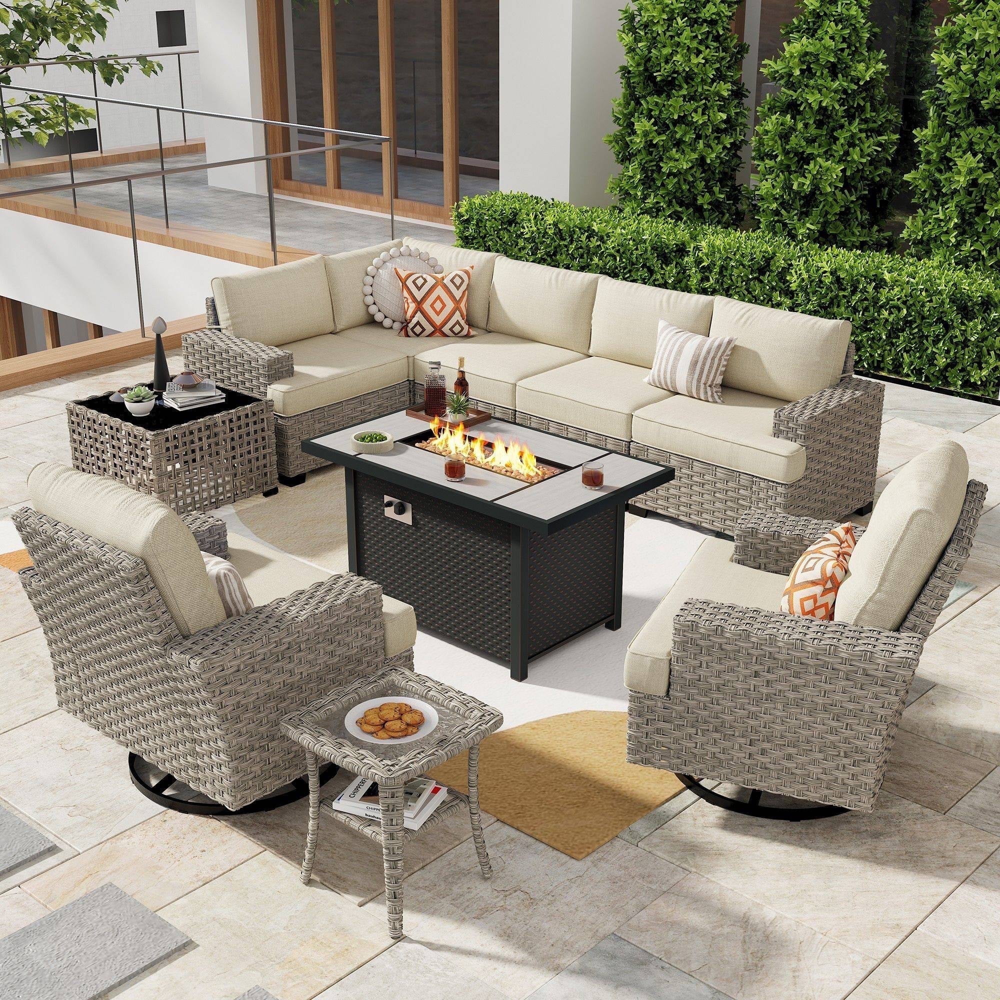 Ovios Outdoor Patio Furniture Set, All-Weather Wicker Sectional, Fire ...