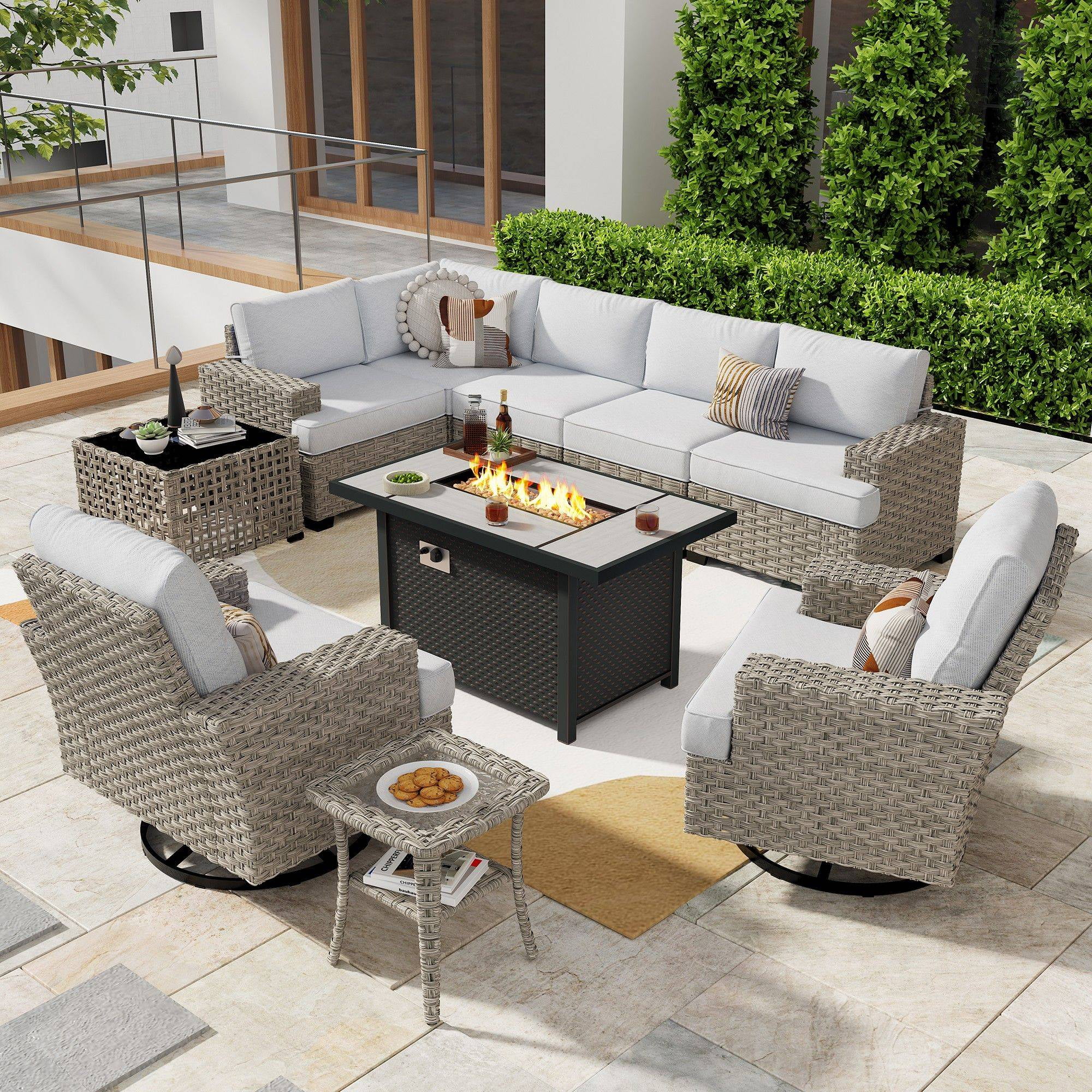 Ovios 10 Pieces Outdoor Patio Furniture with Fire Pit Table High-Back ...