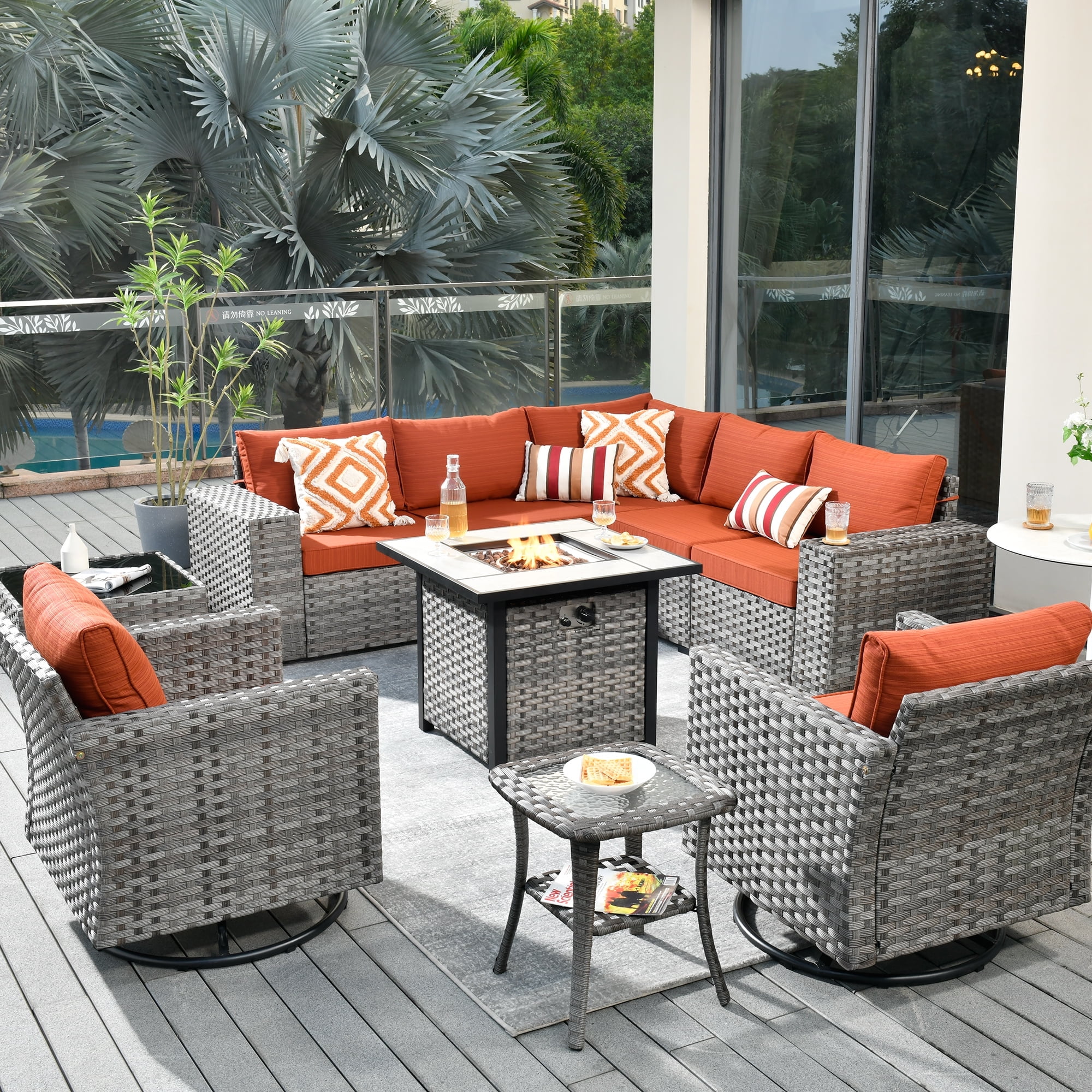 Ovios 10-Piece Patio Furniture Set with Fireplace: All-Weather Wicker ...