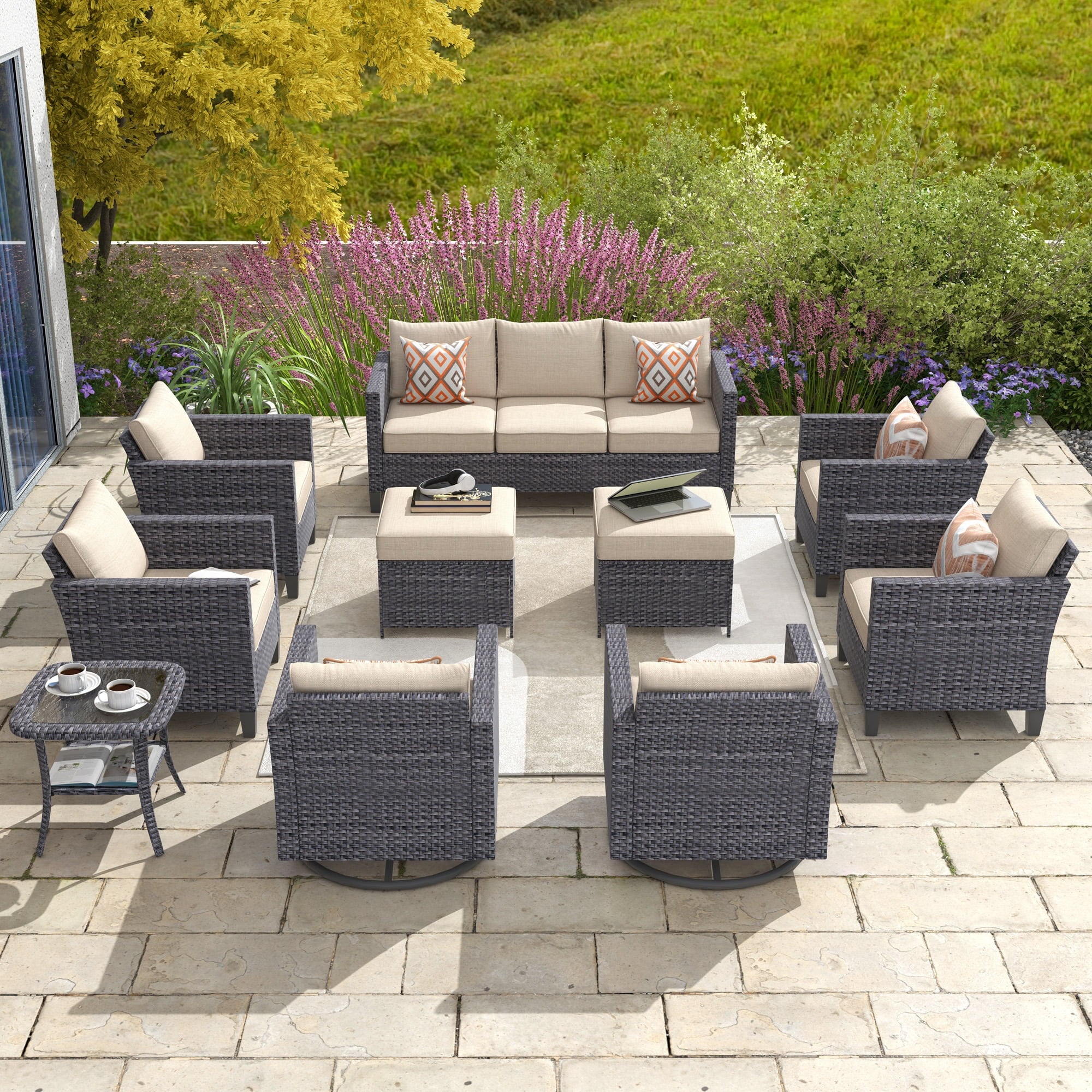 Ovios 10-Pc Modern Rattan Patio Furniture: Includes Rockers, Couch ...