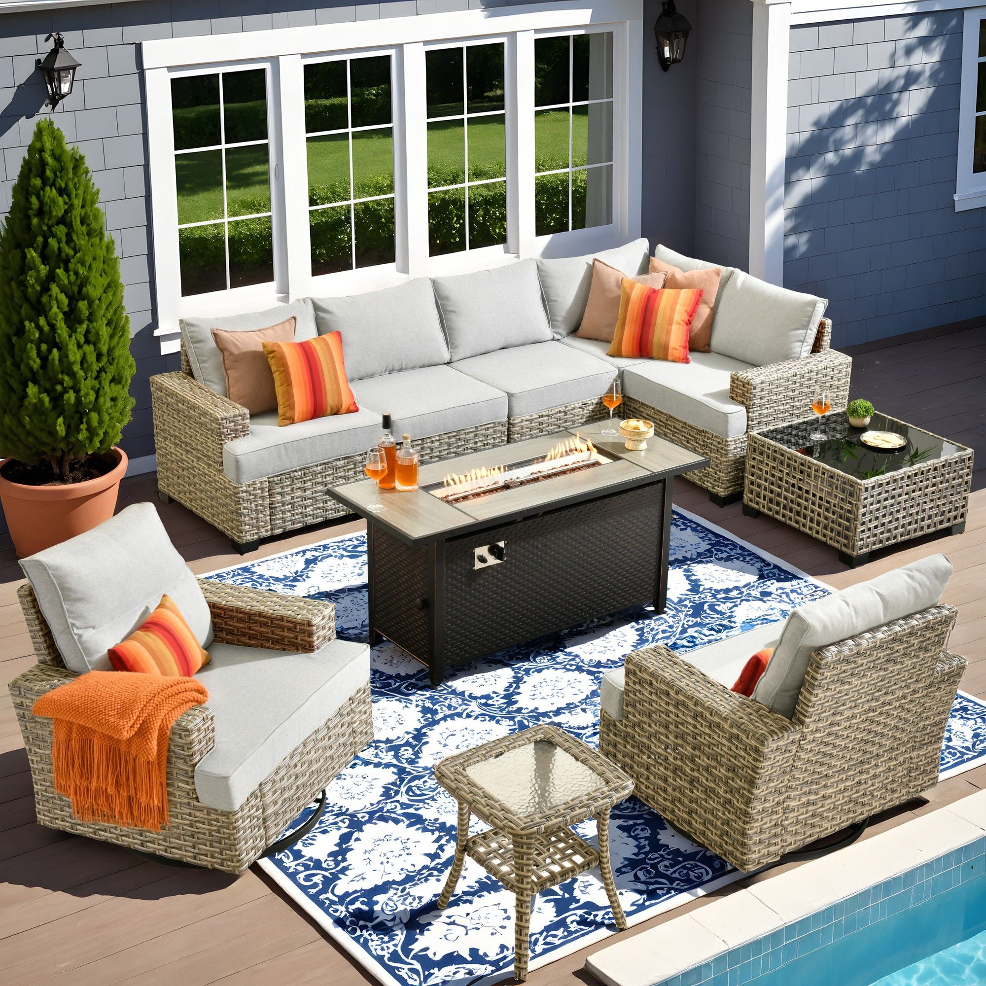 Ovios 10 Pieces Outdoor Patio Sectional Furniture with 54" Gas Propane ...