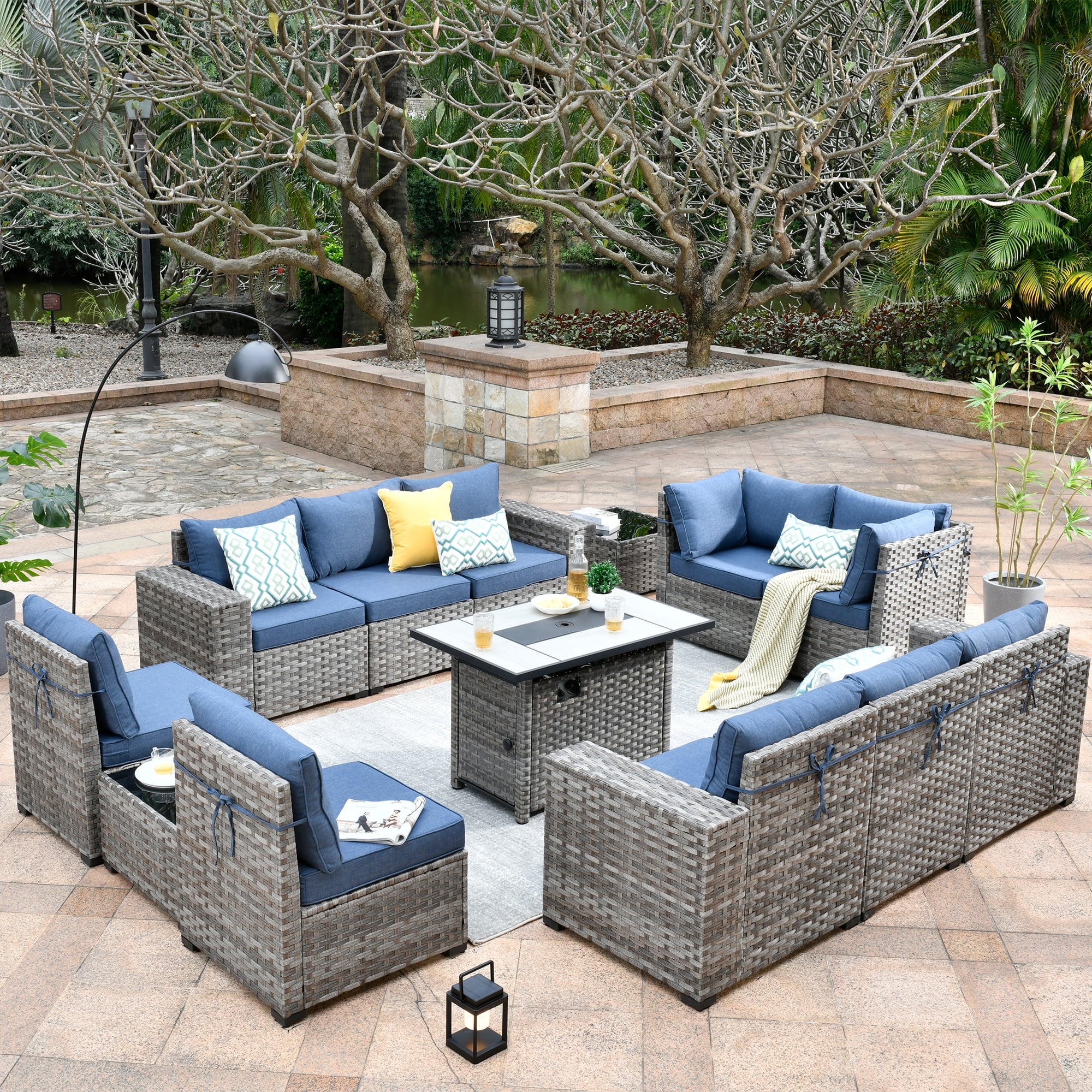 Ovios 13-Piece All-Weather Wicker Sectional Set with Fire Pit for ...