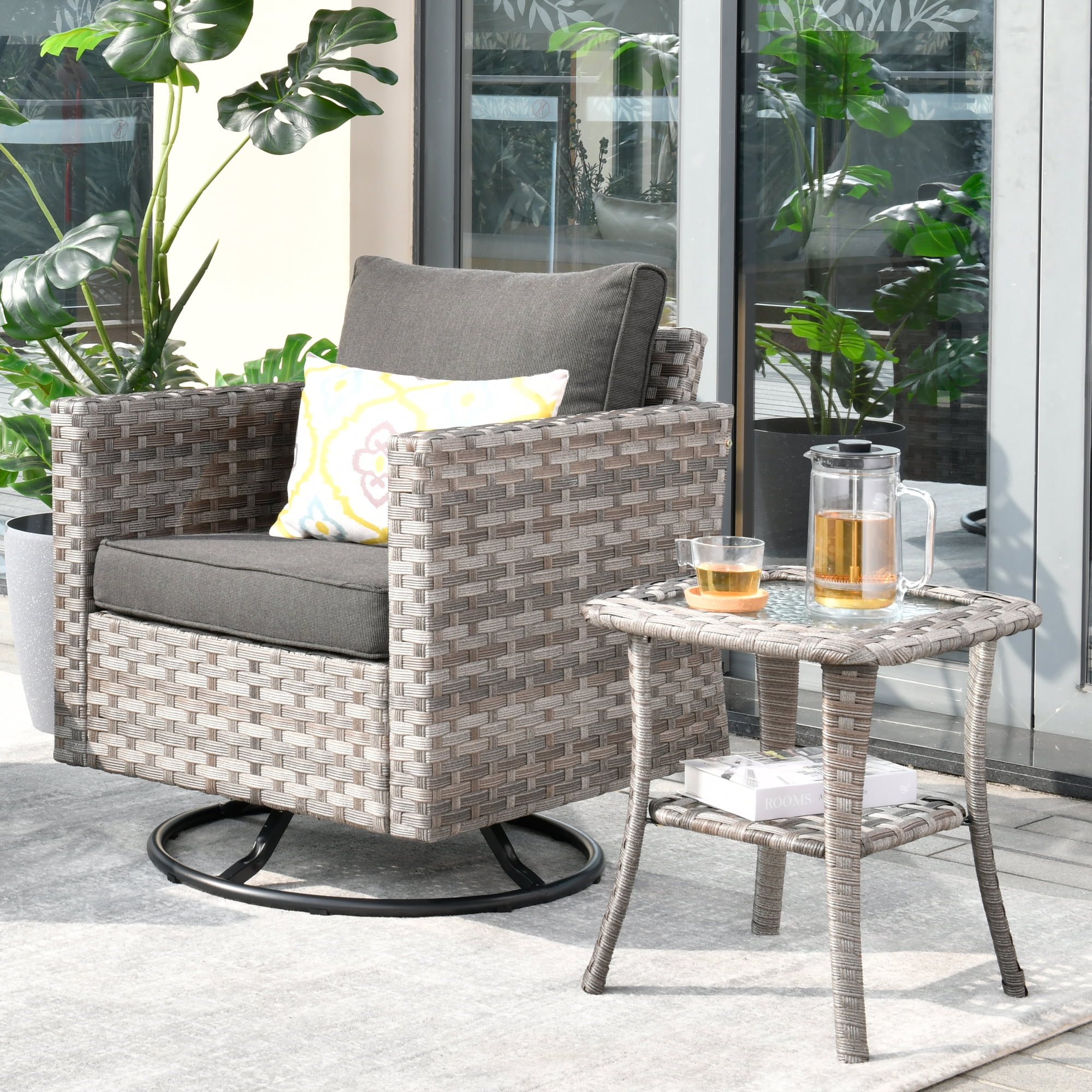 Ovios 2 Pieces Outdoor Patio Furniture Wicker Bistro set with Swivel ...
