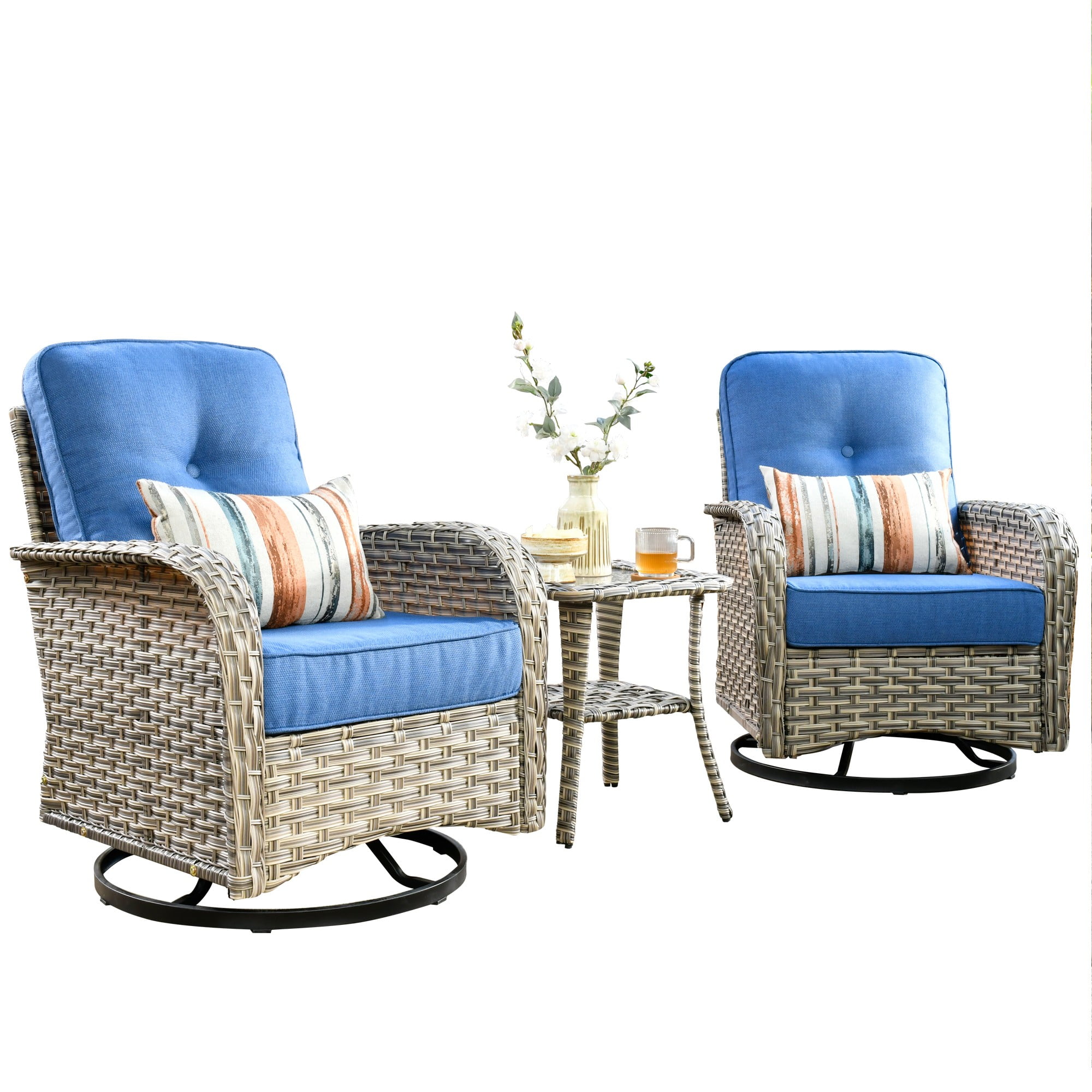 Ovios 3 Pieces Patio Furniture Set 2 Swivel Rocking Chairs Wicker ...
