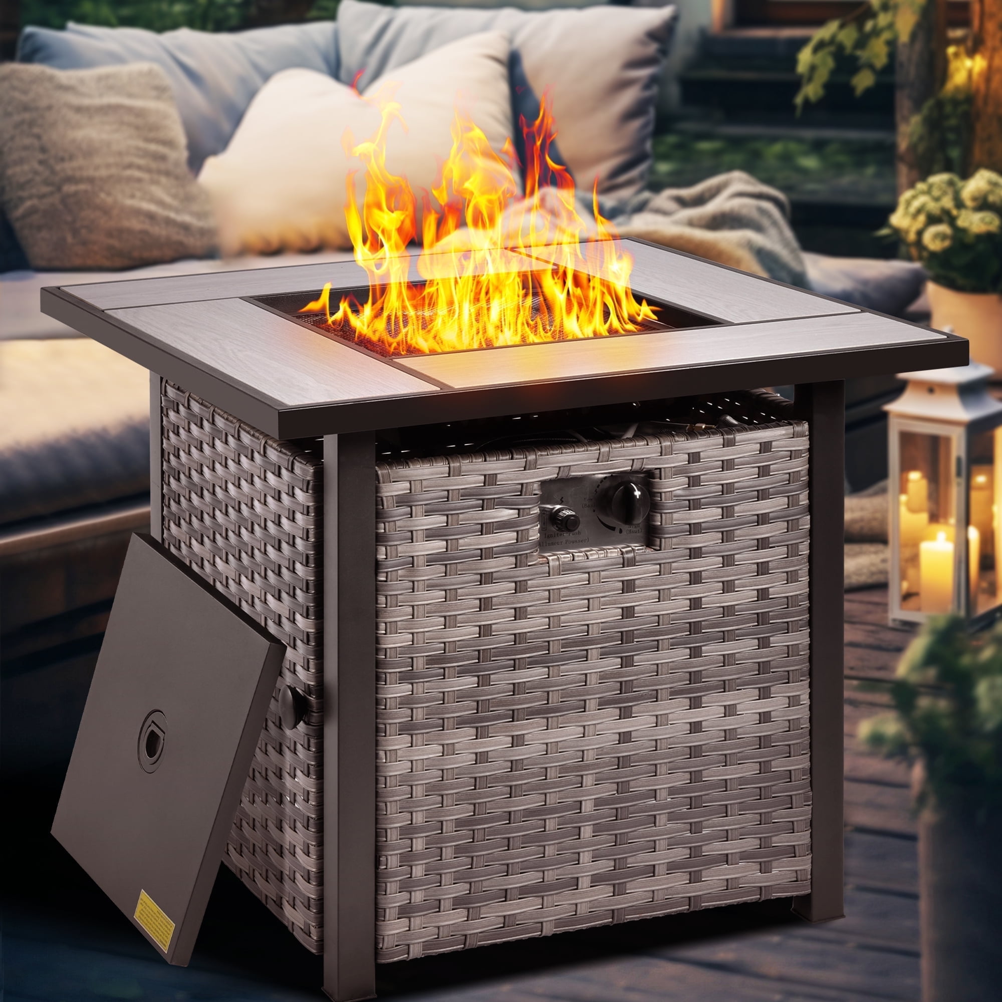 "Ovios 30"" Outdoor Wicker Propane Fire Pit Table with Lid, Lava Rocks ...