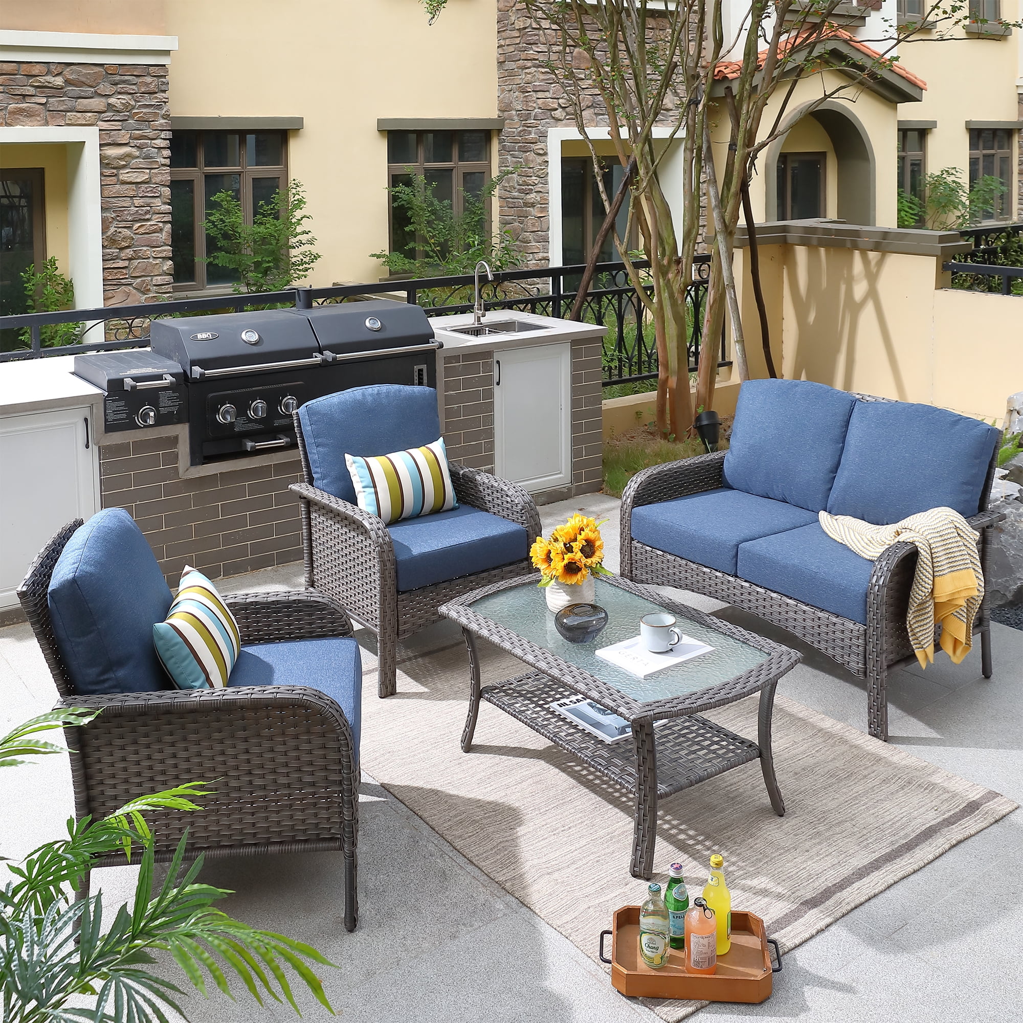 Ovios High-Back Rattan Sofa & Table Set, 4-Piece Outdoor Patio ...