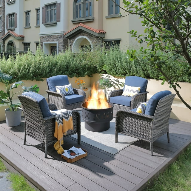 Ovios 4 Pieces Outdoor Patio Furniture with Fire Pit High-Back Wicker ...