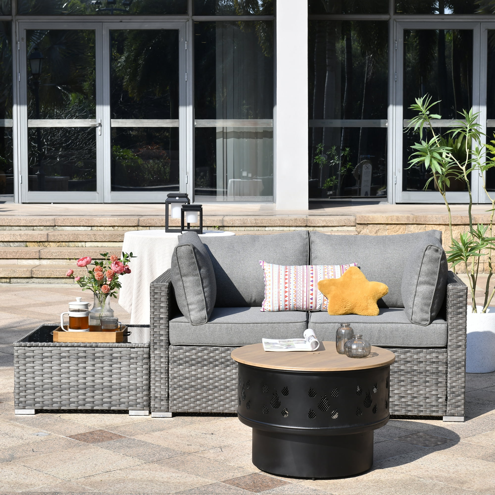 Ovios 4 Pieces Patio Fire Pit Set Outdoor Wicker Conversation Set with ...
