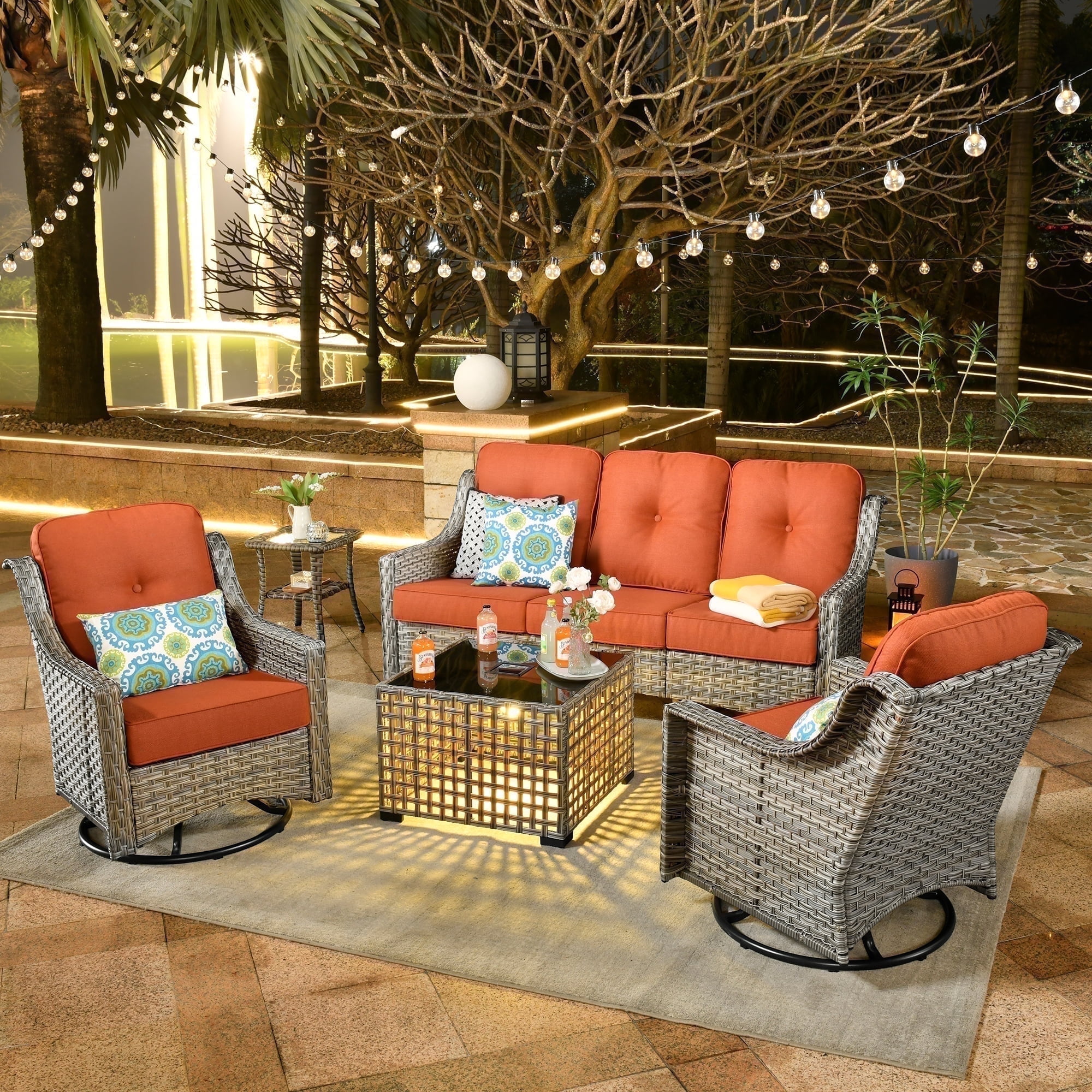 Ovios 5-Pc Outdoor Patio Set: Solar Lamp Table, Wicker Sofa, Rocking ...