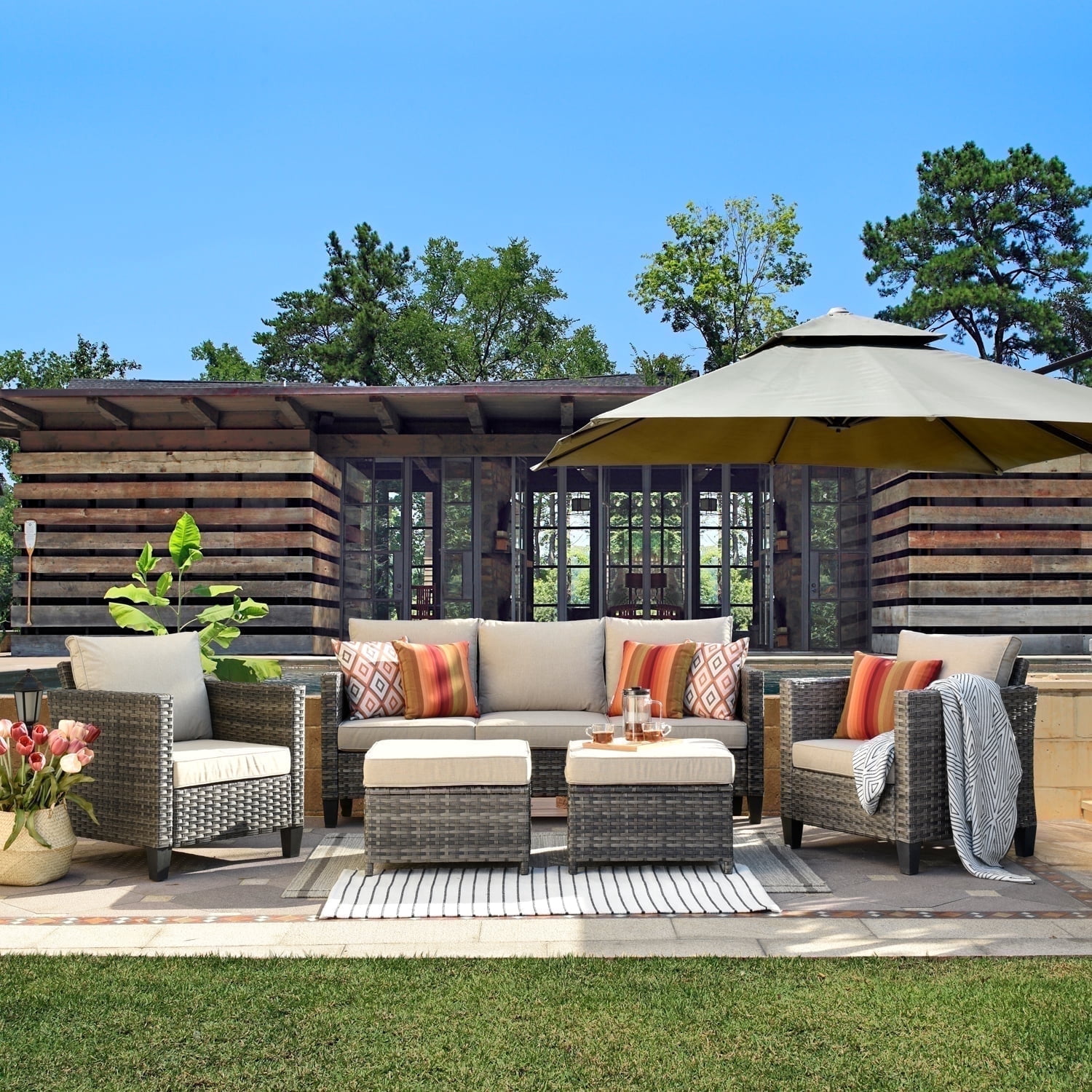 Ovios 5 Pieces Outdoor Patio Furniture All-Weather Wicker Conversation ...