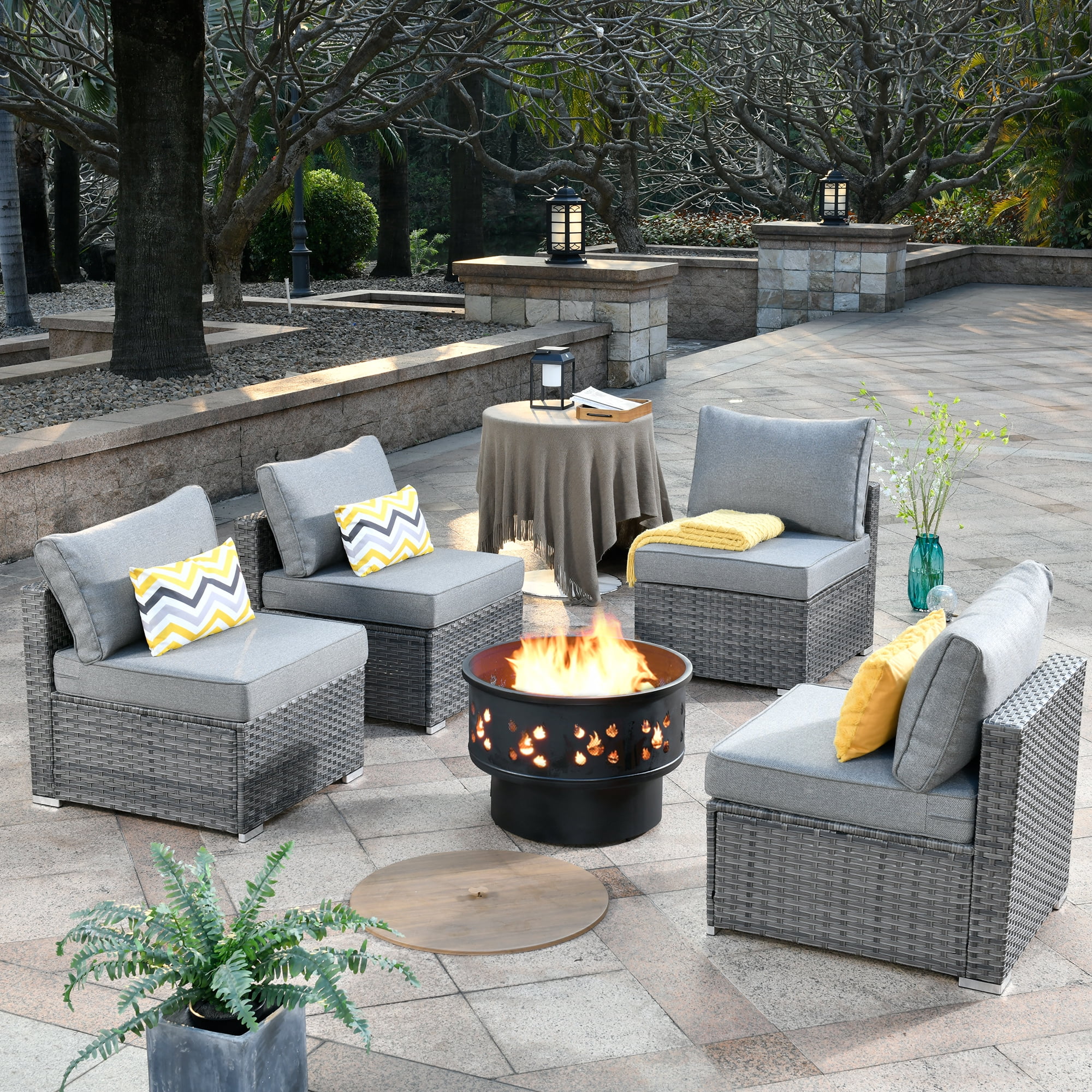 Ovios 5 Pieces Patio Fire Pit Set Outdoor Wicker Conversation Set with ...