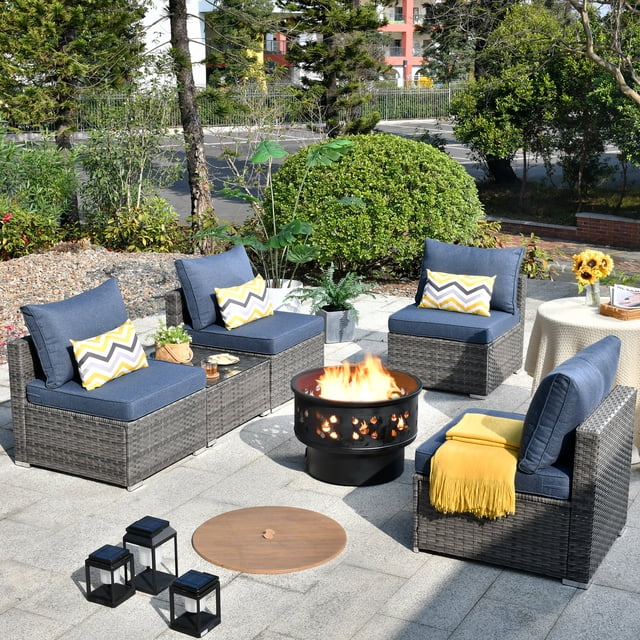 Ovios 5 Pieces Patio Fire Pit Set Outdoor Wicker Conversation Set with ...