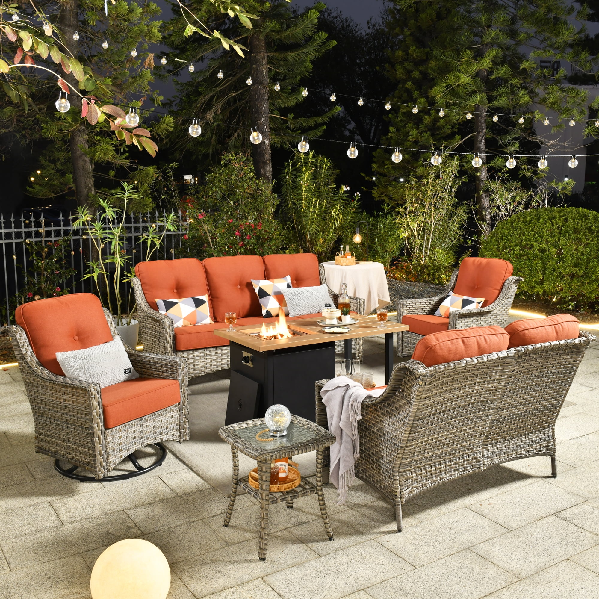 Ovios 6-Piece High-Back Patio Set with Fire Pit, All-Weather Wicker ...