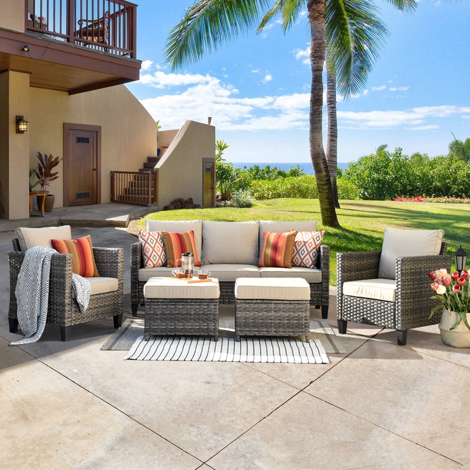 Ovios 6 Pieces Outdoor Furniture All-Weather Wicker Patio Sectional ...