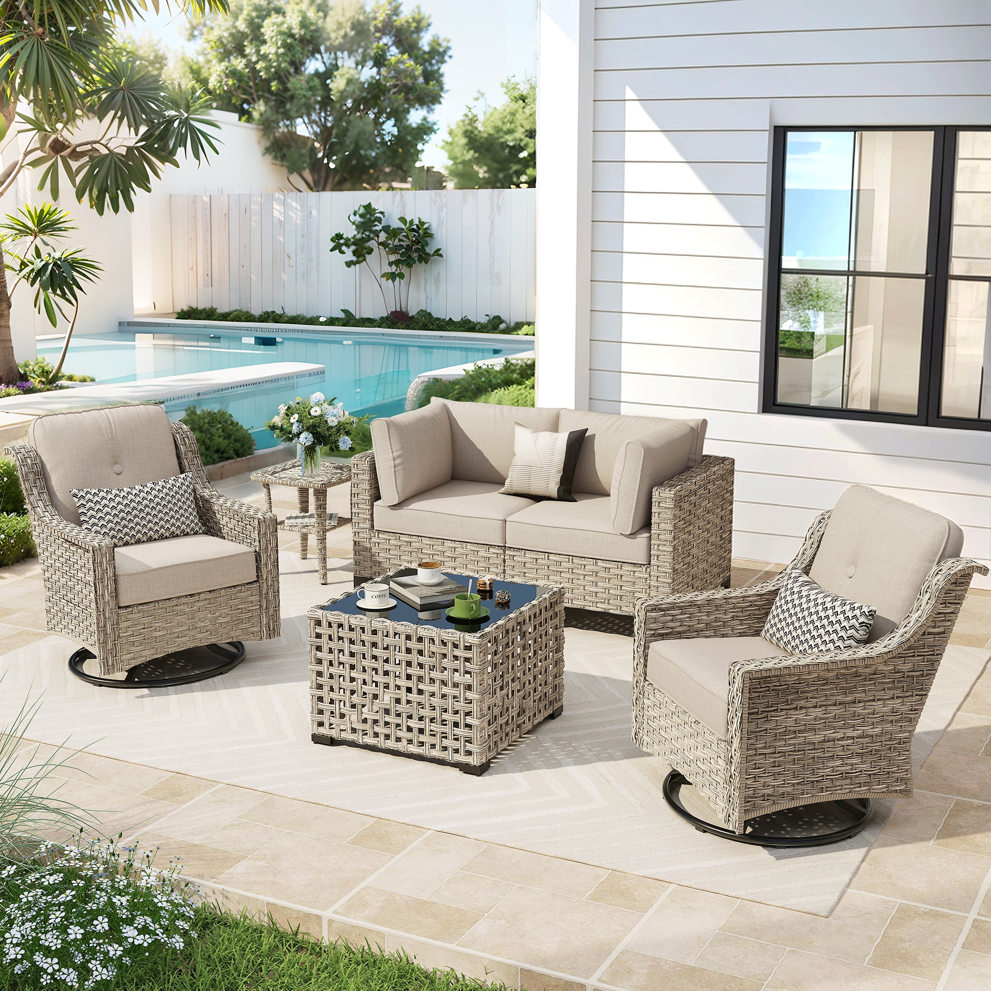 Ovios 6 Pieces Patio Furniture Set with Swivel Rocking Chair All ...