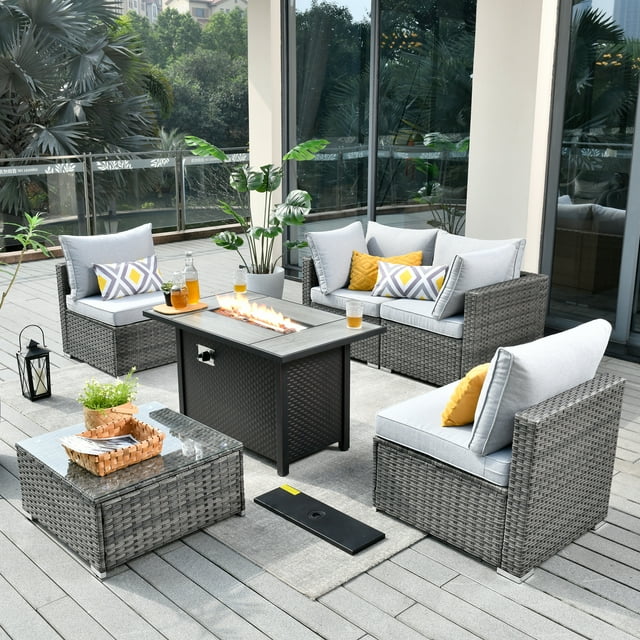 Ovios 6 Pieces Patio Fire Pit Set Outdoor Wicker Sectional Sofa ...