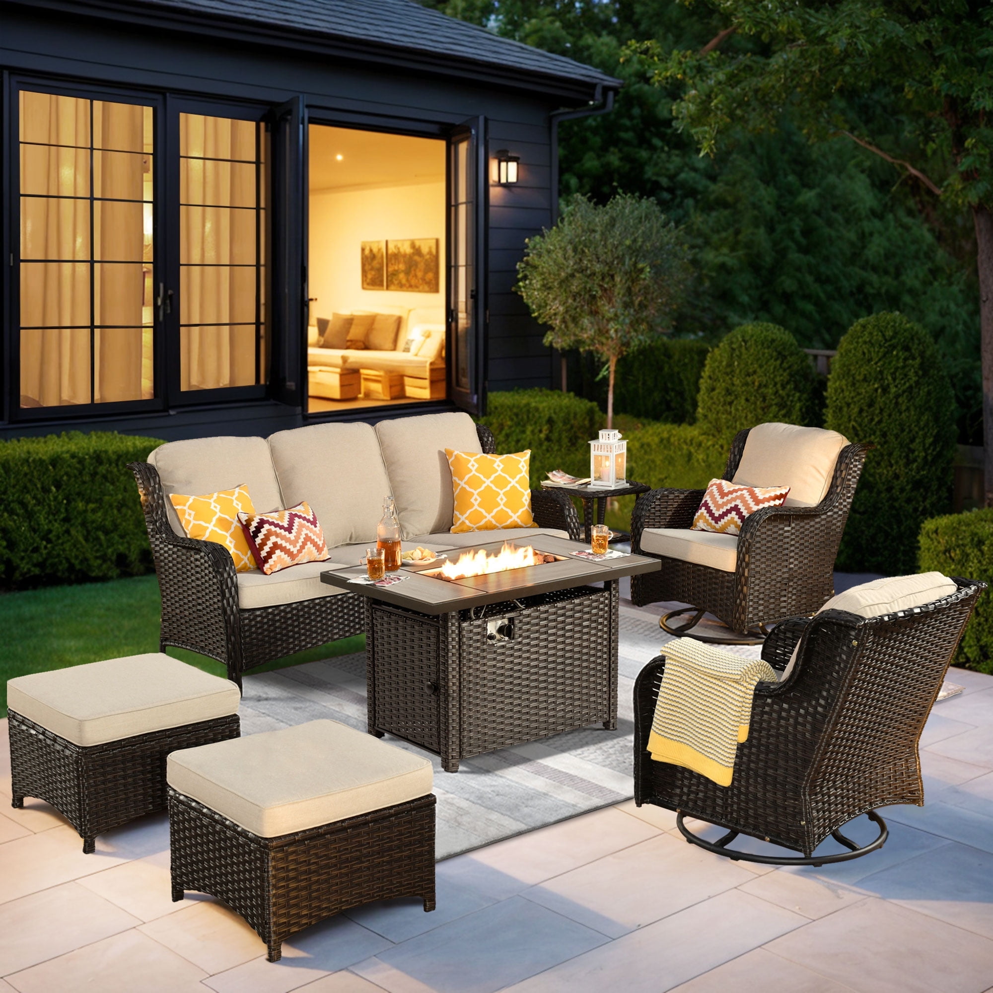 Ovios 7 Pieces Patio Furniture Set with Fire Pit Table Wicker Outdoor ...