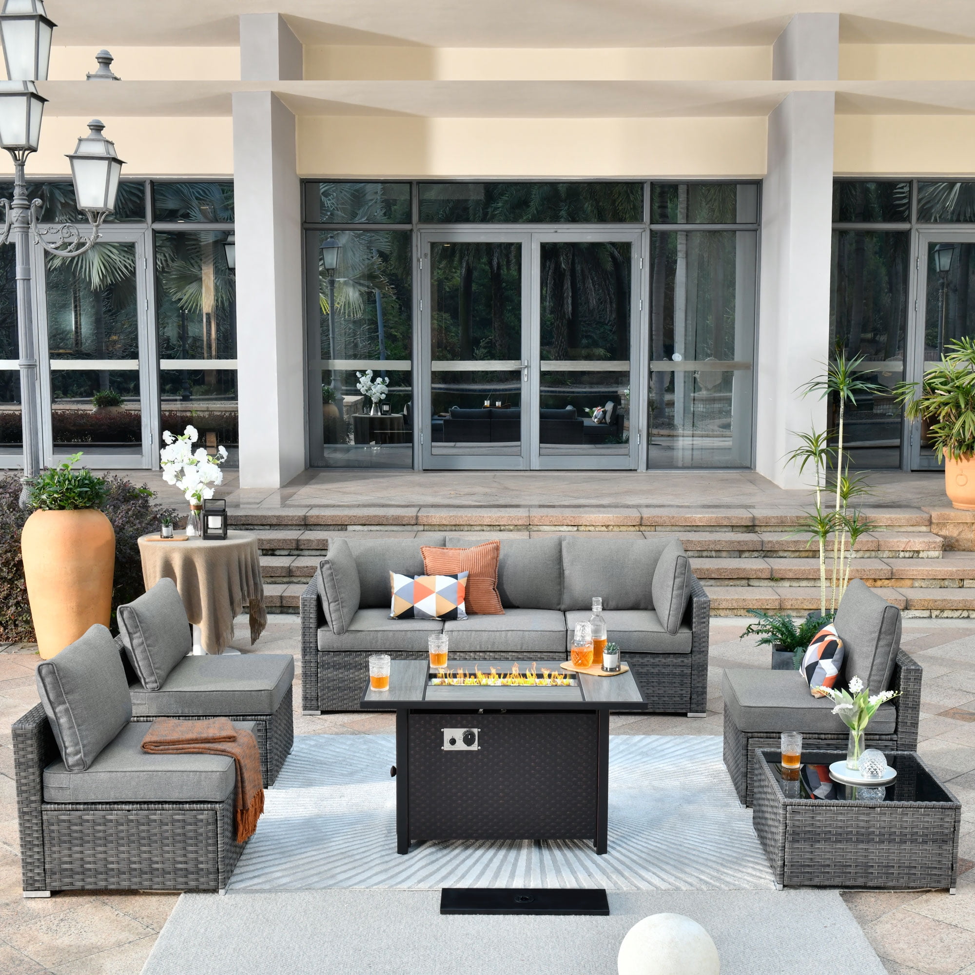 Ovios 8 Pieces Patio Fire Pit Set All Weather Wicker Outdoor ...