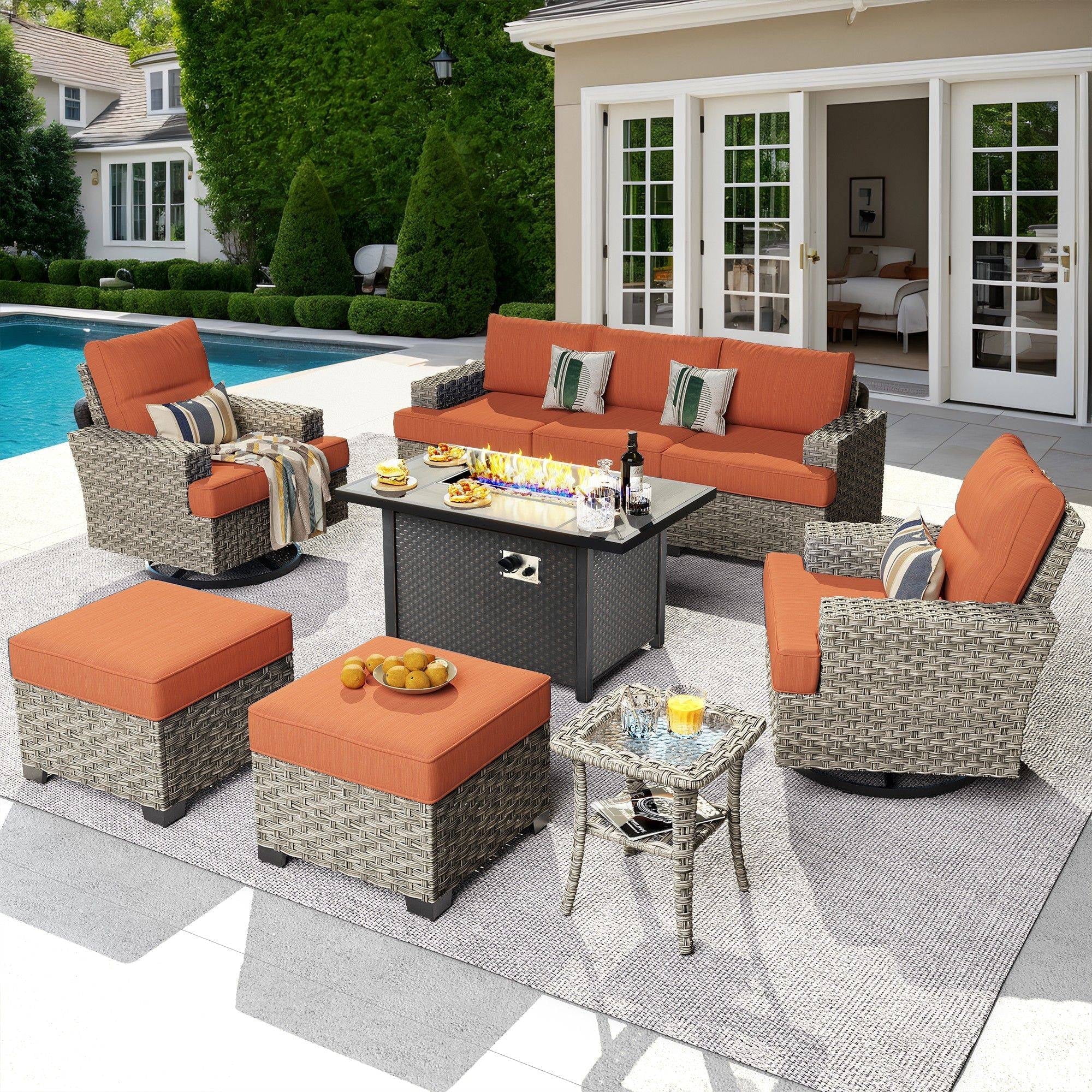Ovios 9 Pieces Outdoor Patio Furniture with Gas Propane Fire Pit Table ...
