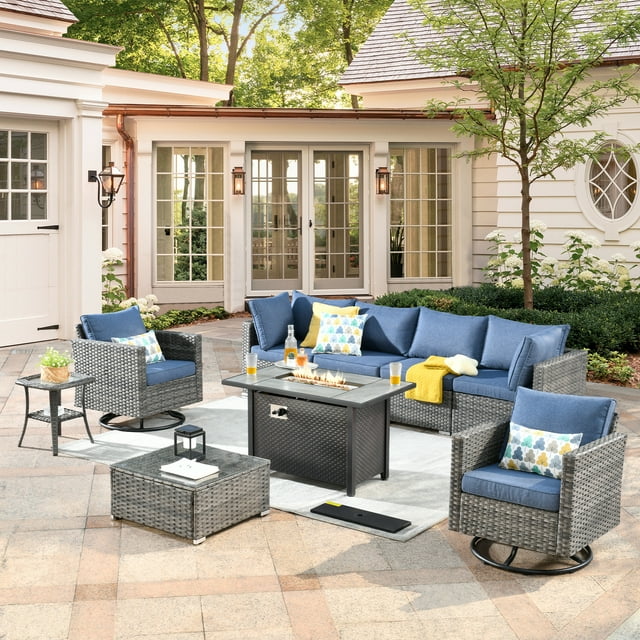 Ovios 9 Pieces Patio Fire Pit Set Outdoor Wicker Sectional Sofa ...