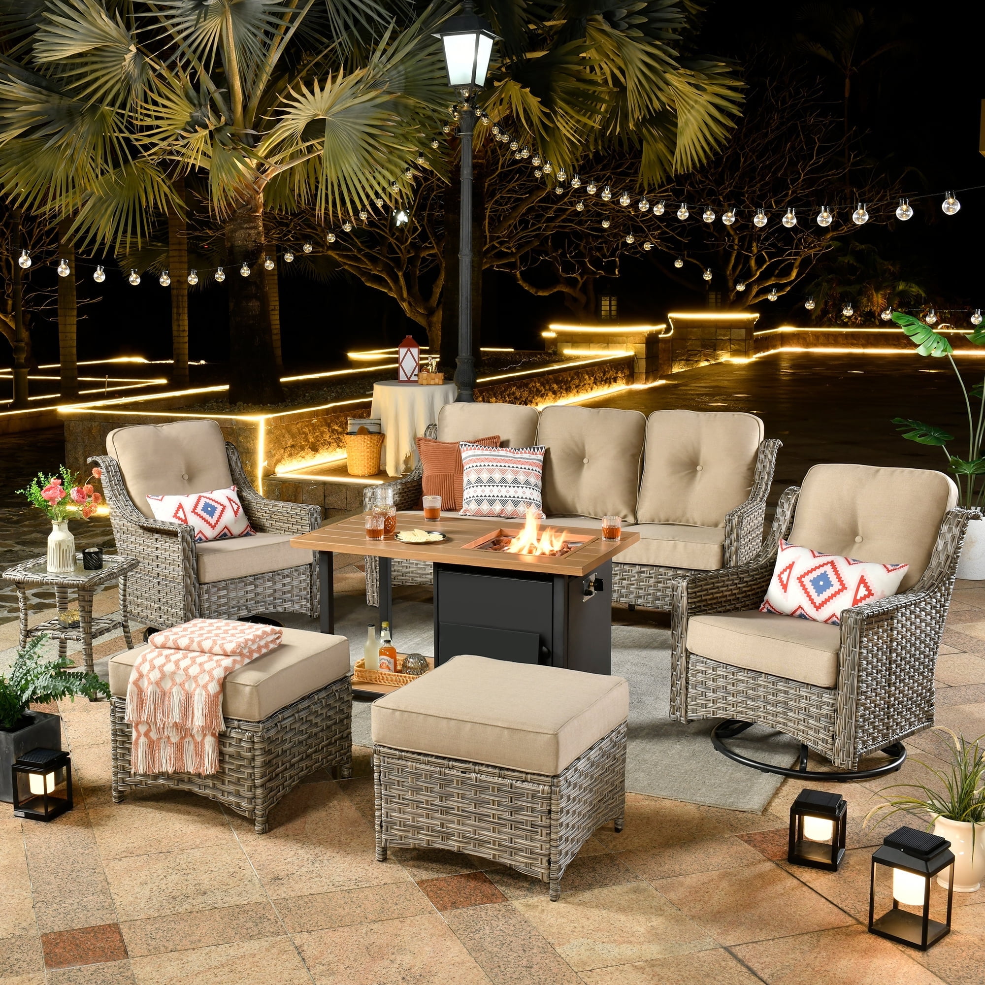 Ovios High-Back Outdoor Patio Furniture with Fire Pit 7 Pieces All ...