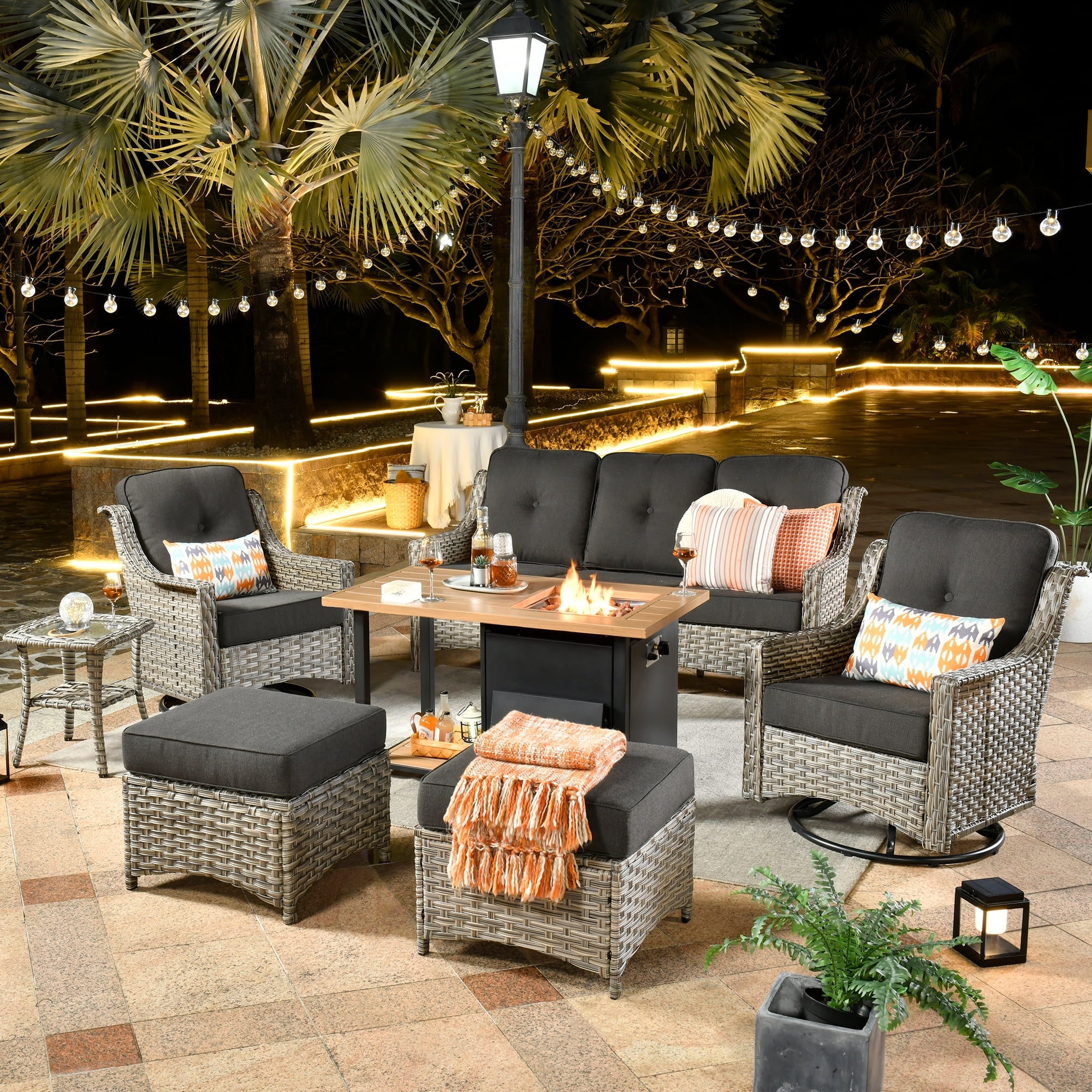 Ovios 7-Piece High-Back Patio Set with Fire Pit Table, All-Weather Wicker, Swivel Chairs ...