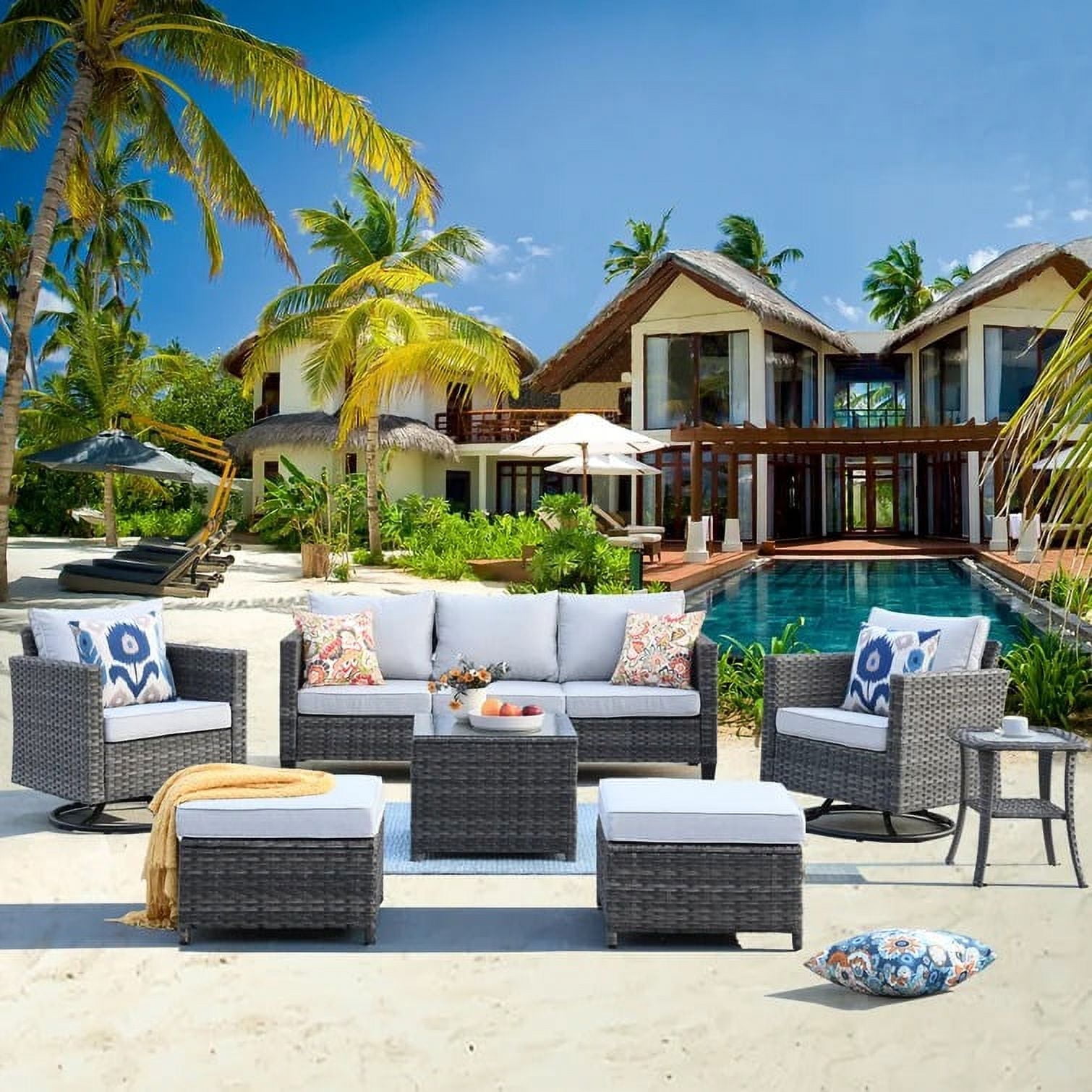 Ovios 7-Piece Outdoor Patio Set: Wicker Furniture with 360° Swivel ...