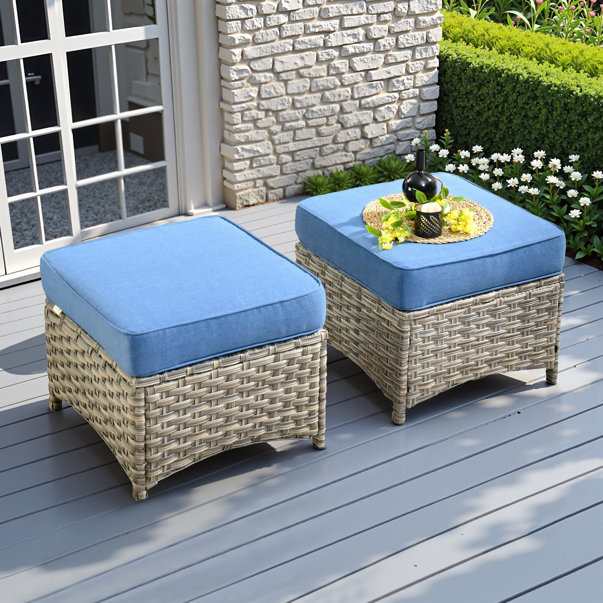Ovios Outdoor Patio Ottoman with Cushion Wicker Coffee Table Extra Seat ...