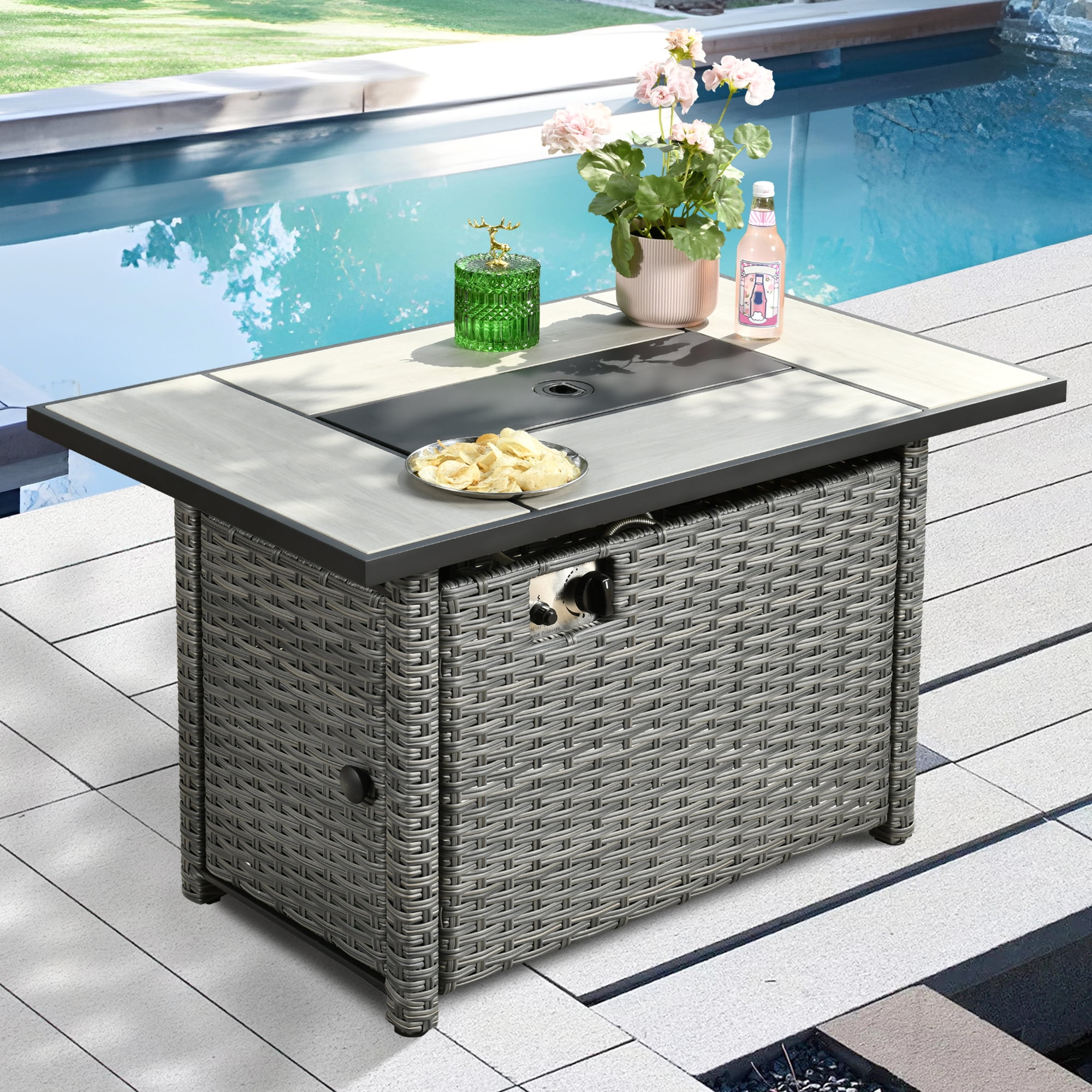 Ovios 42-Inch Outdoor Wicker Propane Fire Pit Table, 50,000 BTU, with ...
