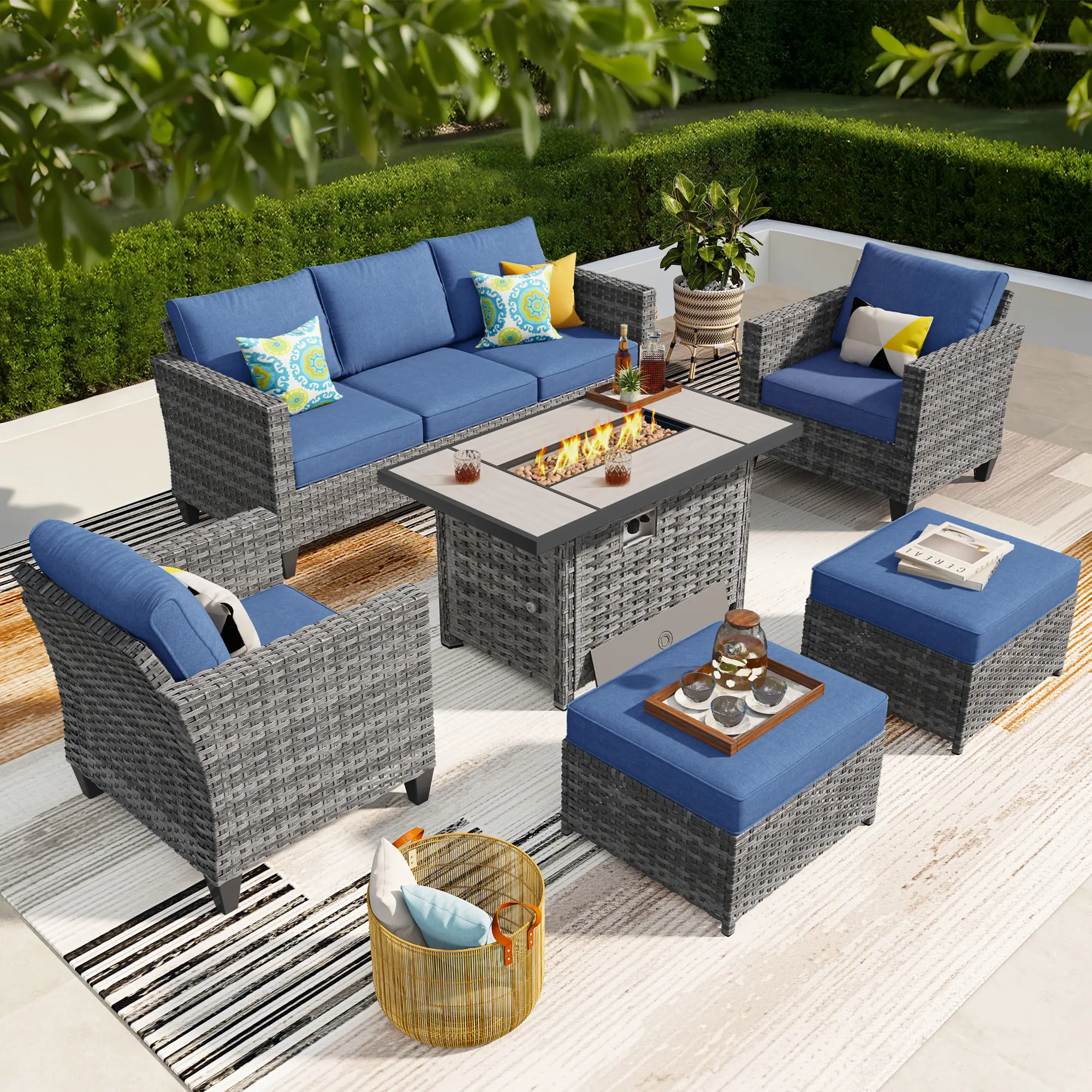 Ovios 6 Piece Outdoor Patio Sectional Furniture with 42" Fire Pit Table ...
