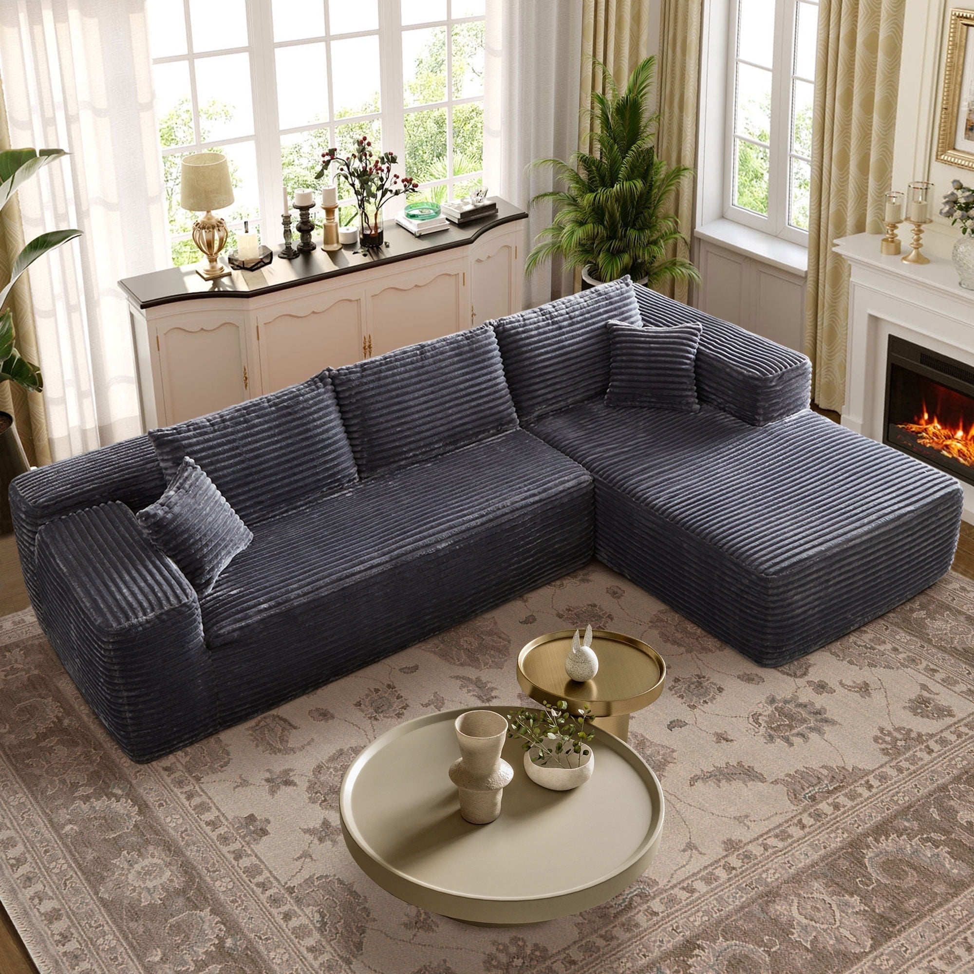 Ovios Plush Corduroy Sectional for Living Room Modular Gray Sleeper Sectional Couches and Sofas ...