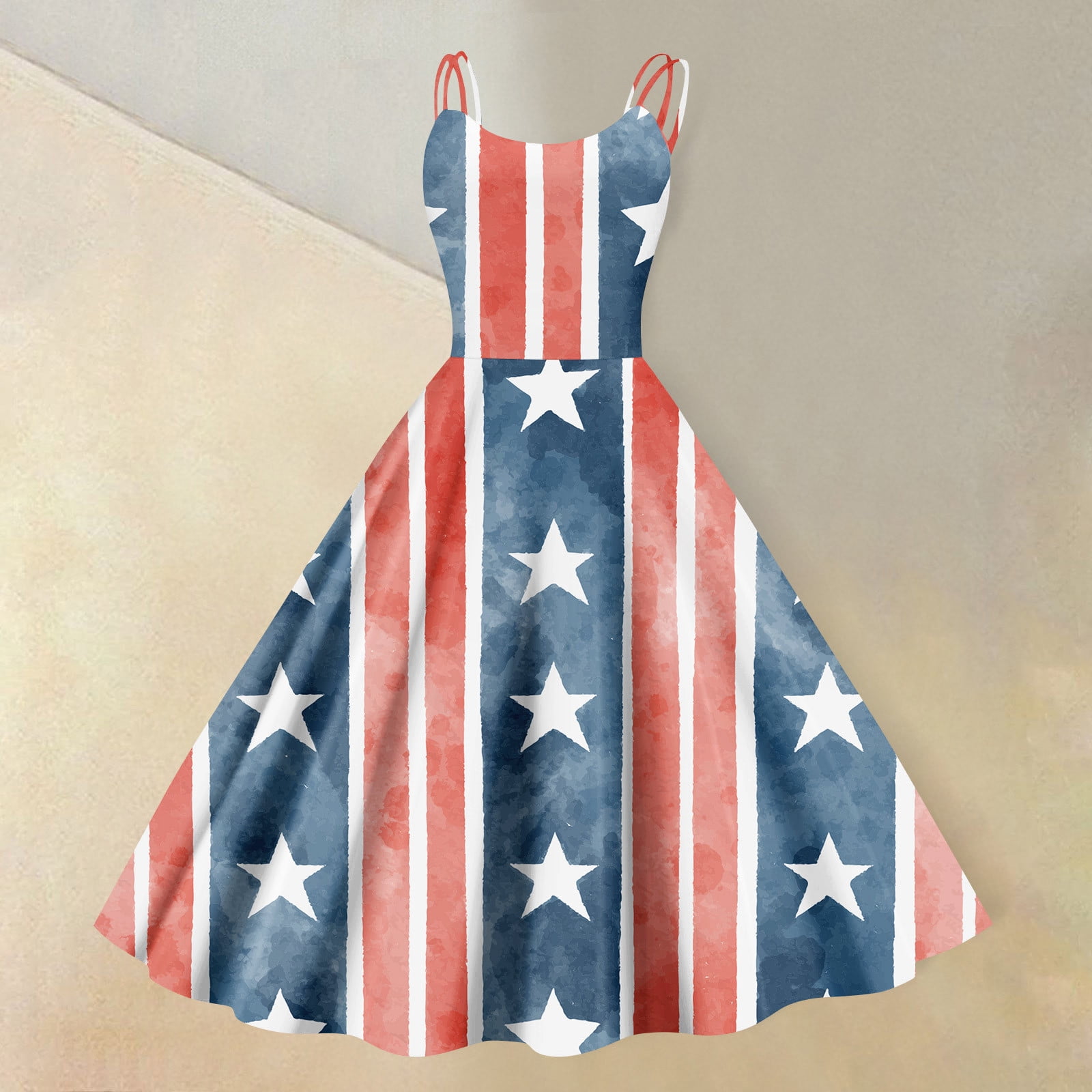 Ovticza 4th Of July Gift Dress Round Neck Spaghetti Strap Swing Flowy ...