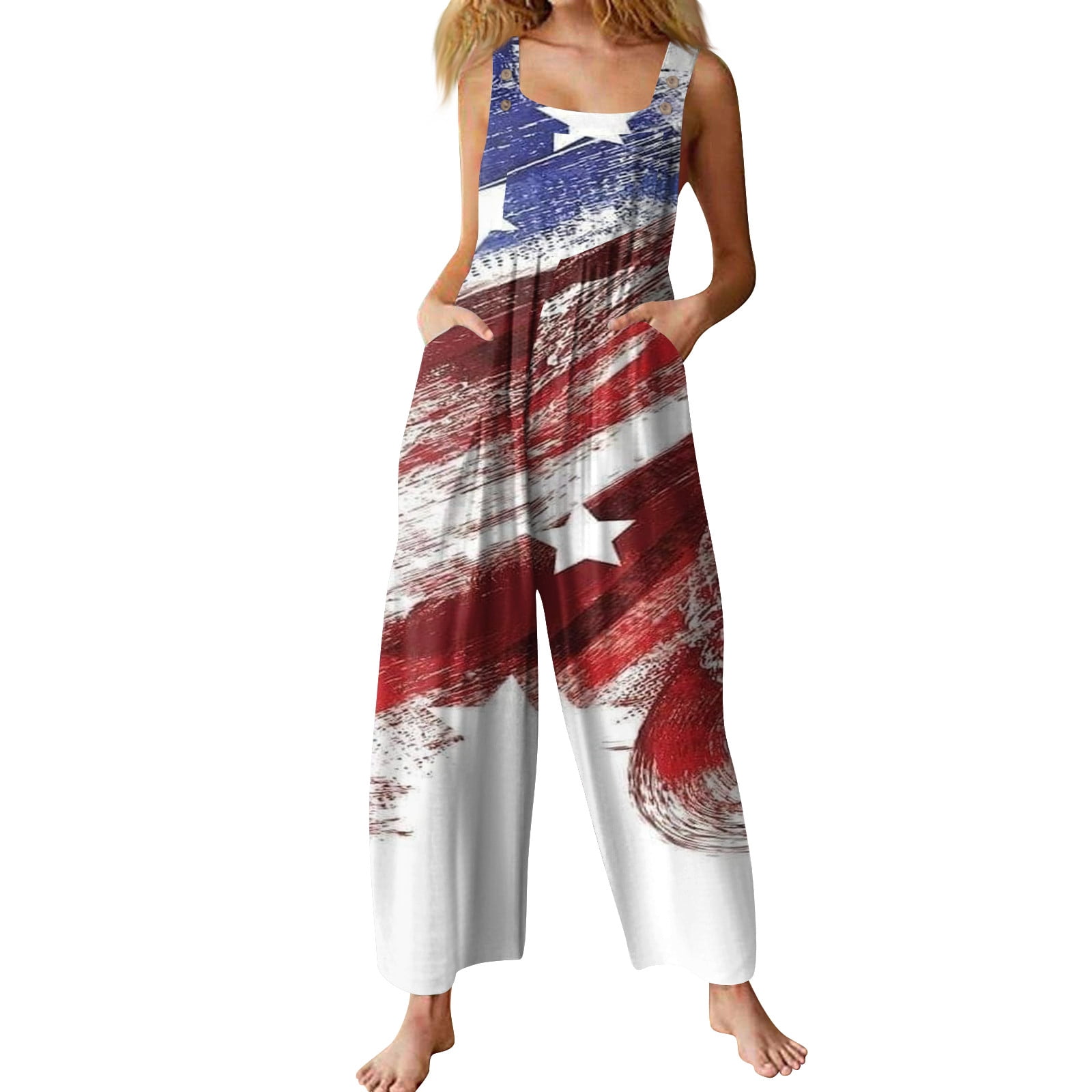Ovticza American Flag Graphic Jumpsuits Square Neck Sleeveless Linen ...