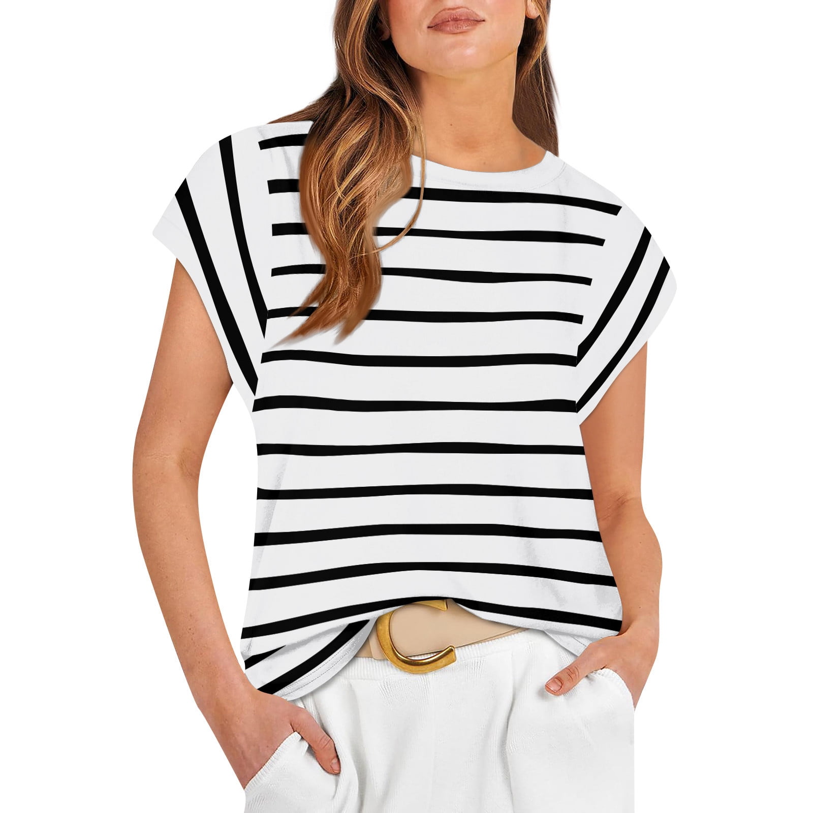 Ovticza Cap Sleeve Tops for Women Striped Print Summer Top Basic Tee ...