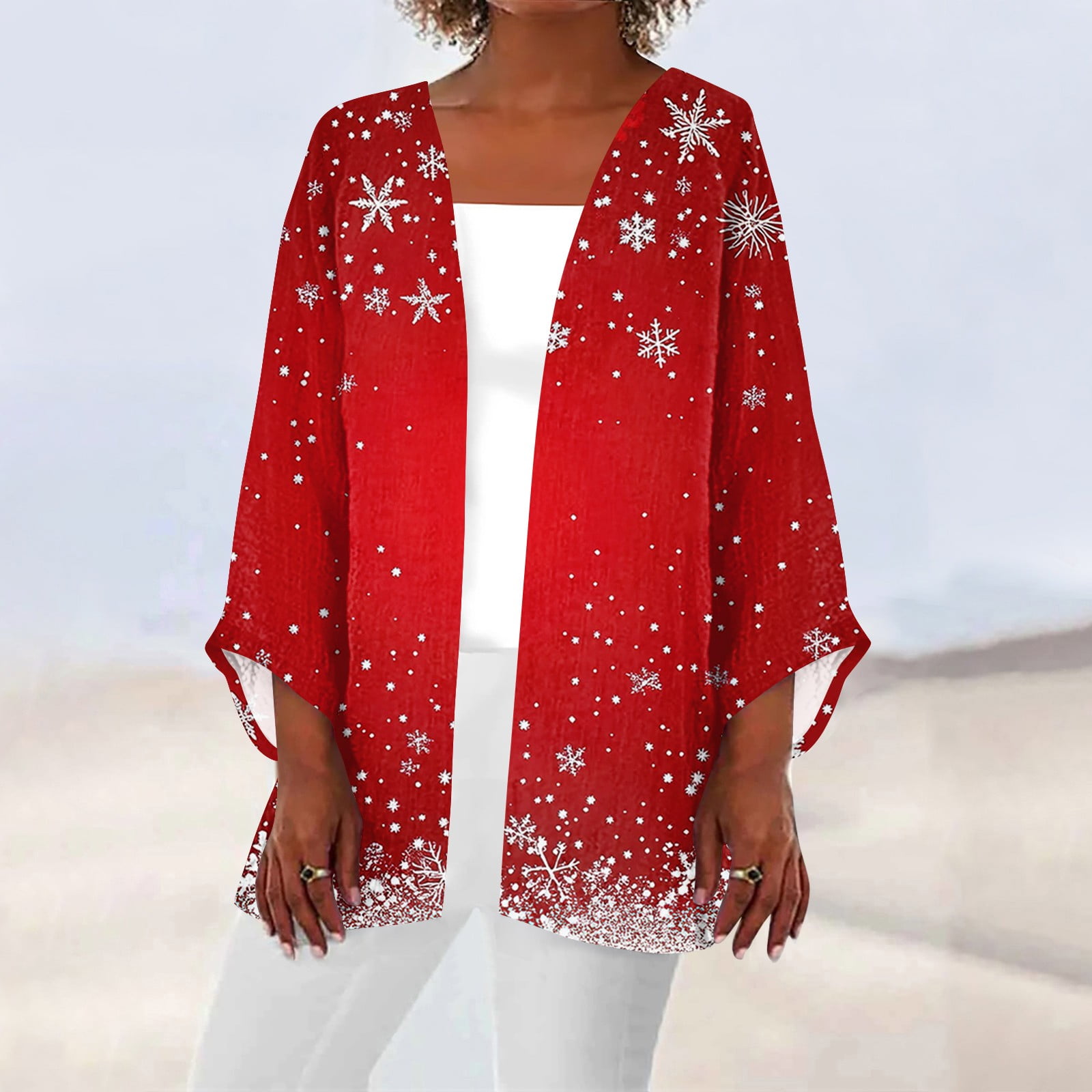 Ovticza Christmas Cardigan Long for Women Snowflake Print 3/4 Sleeve ...