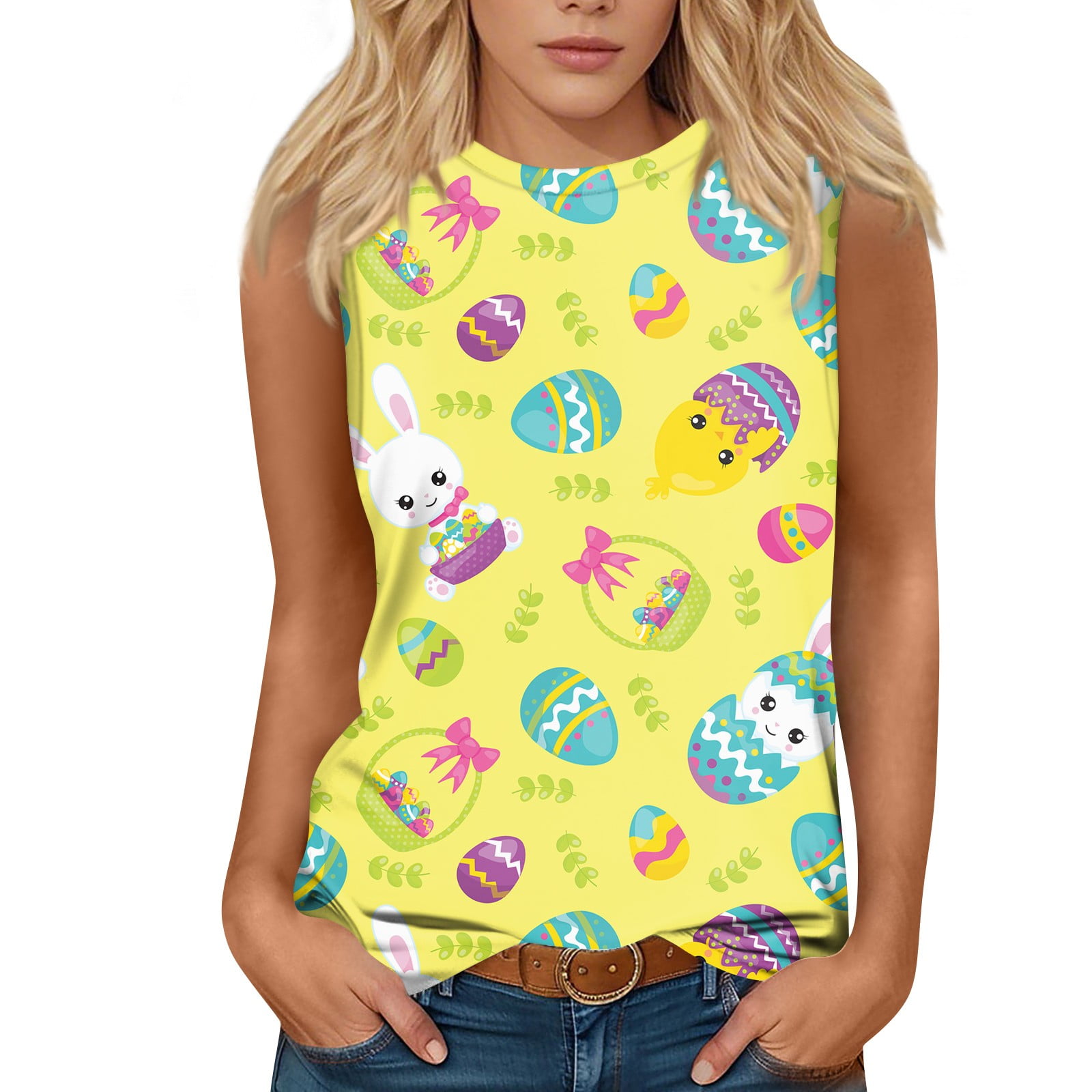 Ovticza Easter Shirt Women Sleeveless Round Neck Tank Top Bunny Eggs ...