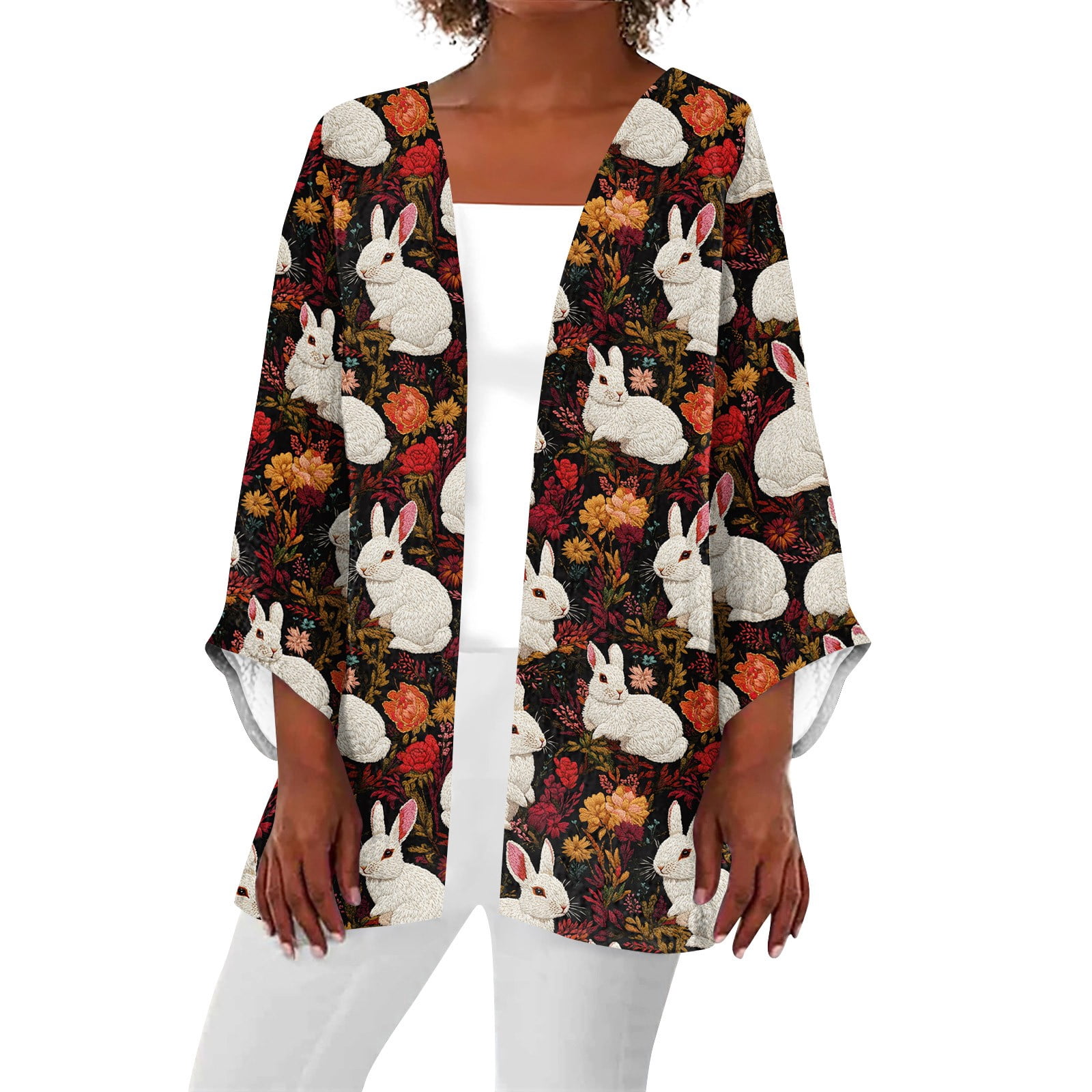Ovticza Easter Womens Cardigan 3/4 Sleeve Mid-Length Open Front Bunny ...