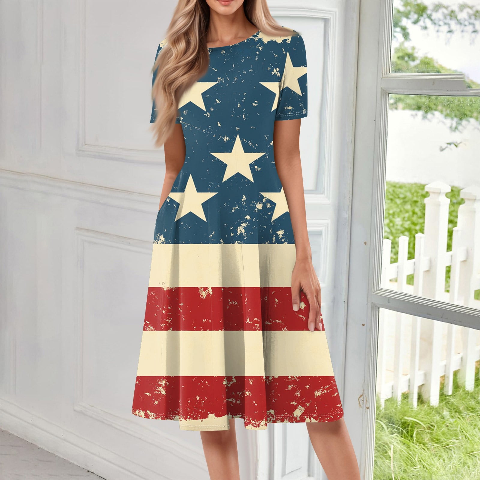 Ovticza Independence Day Dress Crew Neck Swing Flowy Spring Midi ...