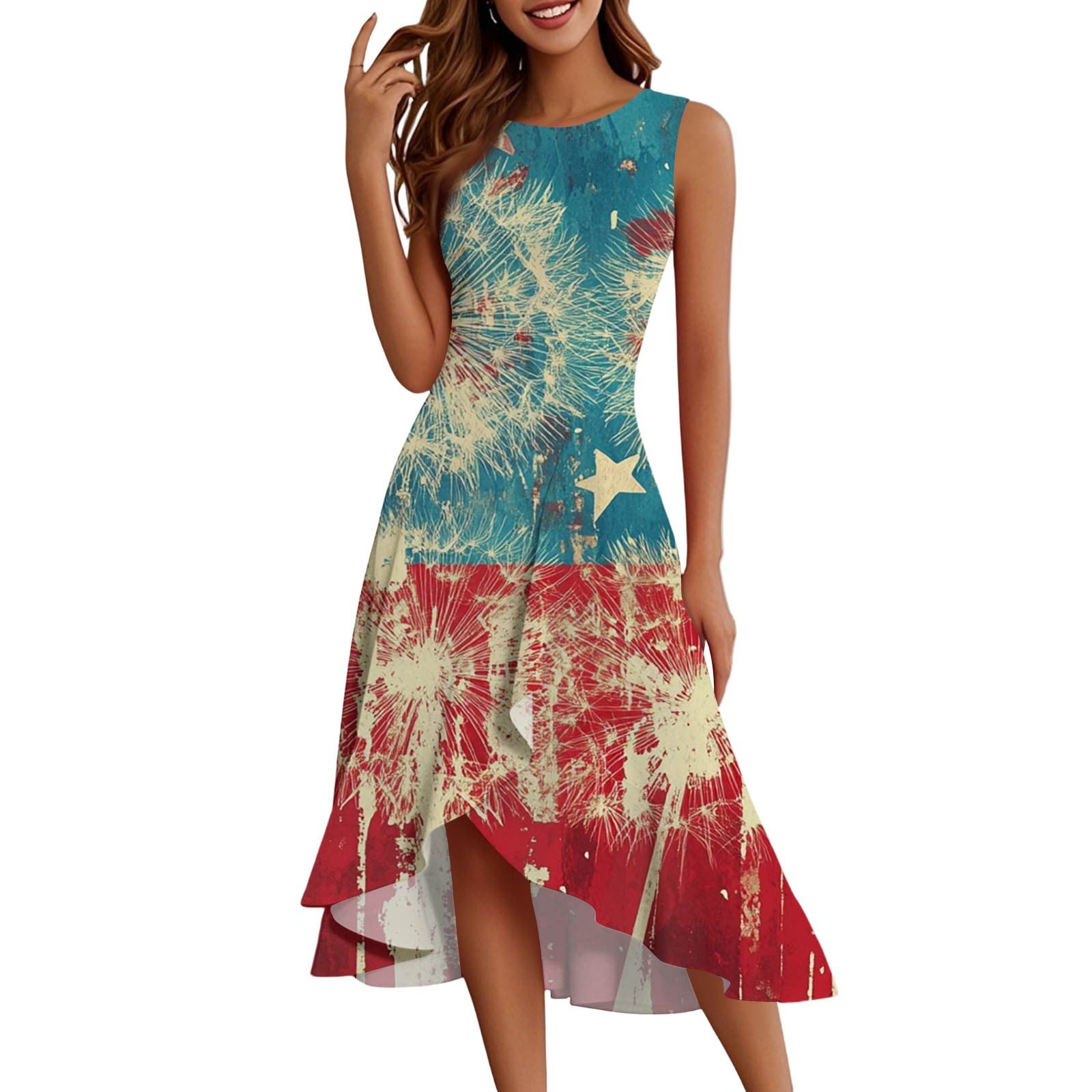 Ovticza July 4th Dress Crew Neck Sleeveless Midi Dresses for Women ...
