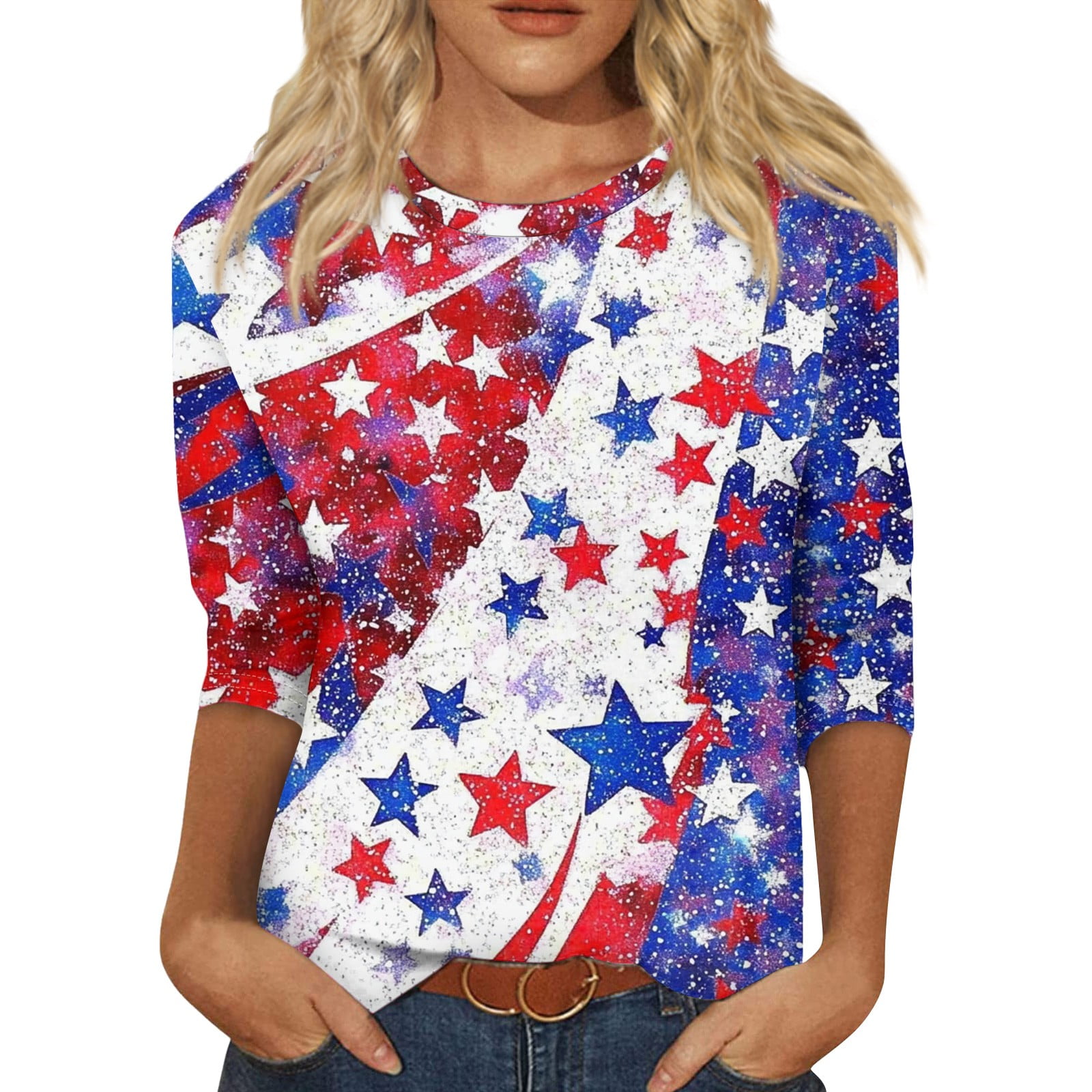 Ovticza July 4th Shirts for Women Crew Neck Women's 3/4 Sleeve Tops 4th ...