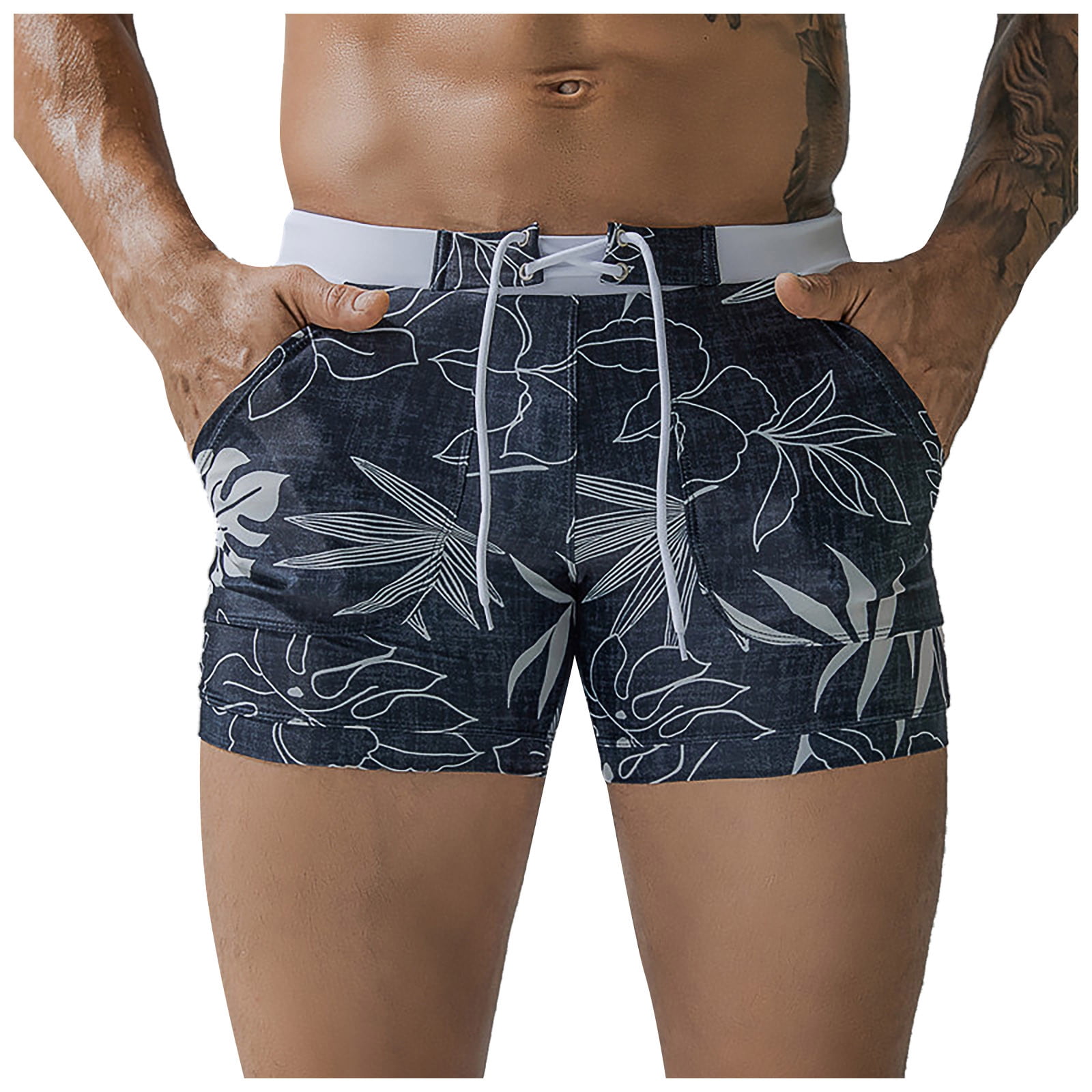 Ovticza Mens Square Leg Swim Trunks Floral Printed Swim Shorts Beach Hot Spring Athletic Bottom