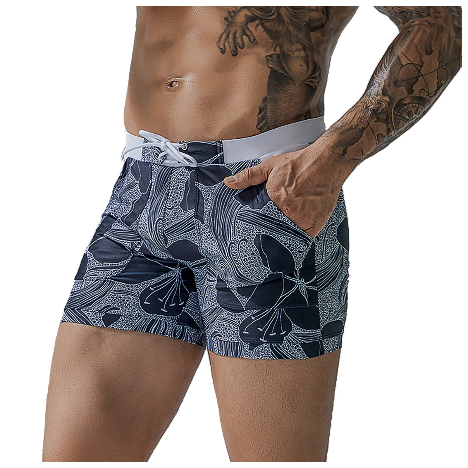 Ovticza Mens Square Leg Swim Trunks Floral Printed Swim Shorts Beach Hot Spring Athletic Bottom