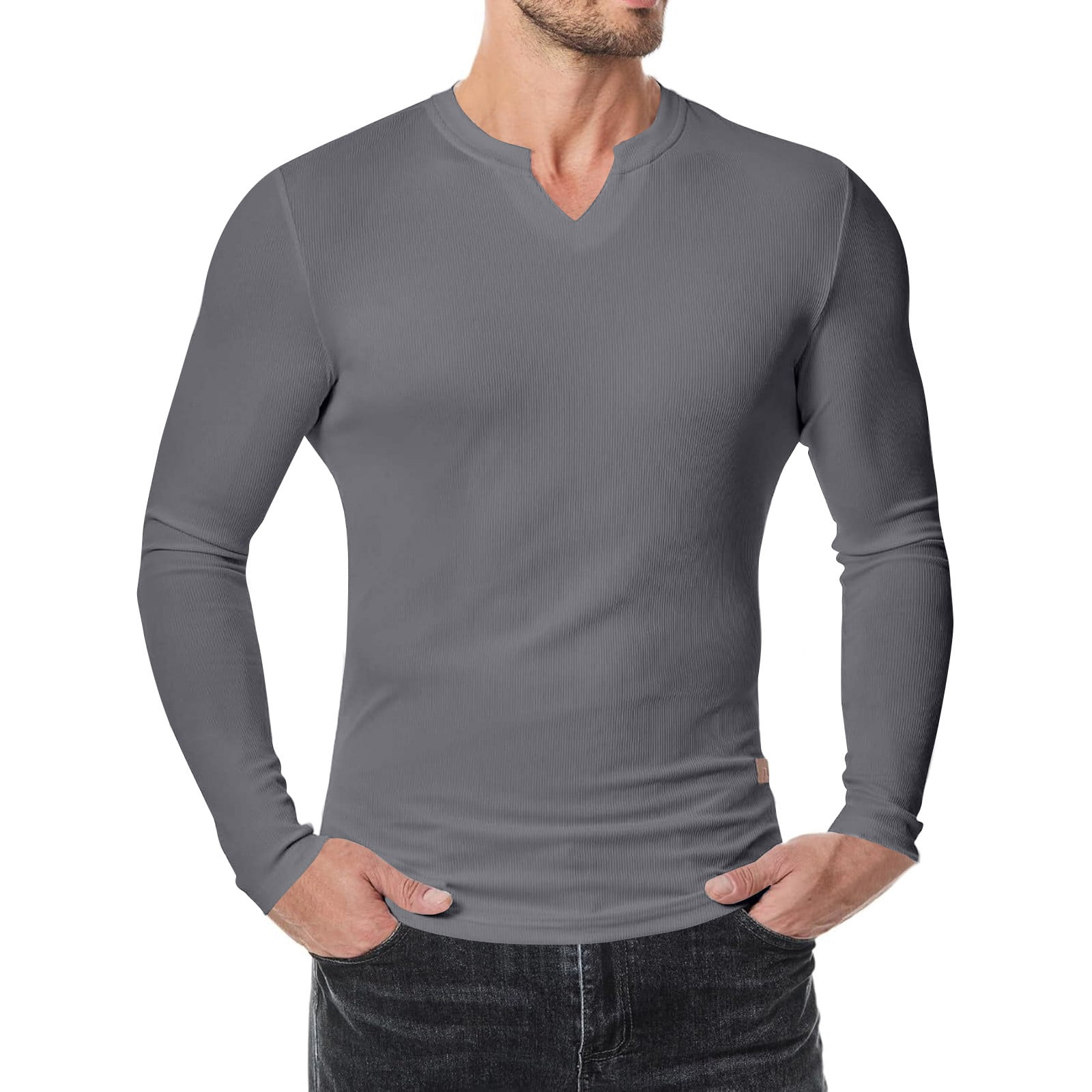 Ovticza Mens Long Sleeve Muscle T Shirts Casual V-Neck Longline Ribbed ...