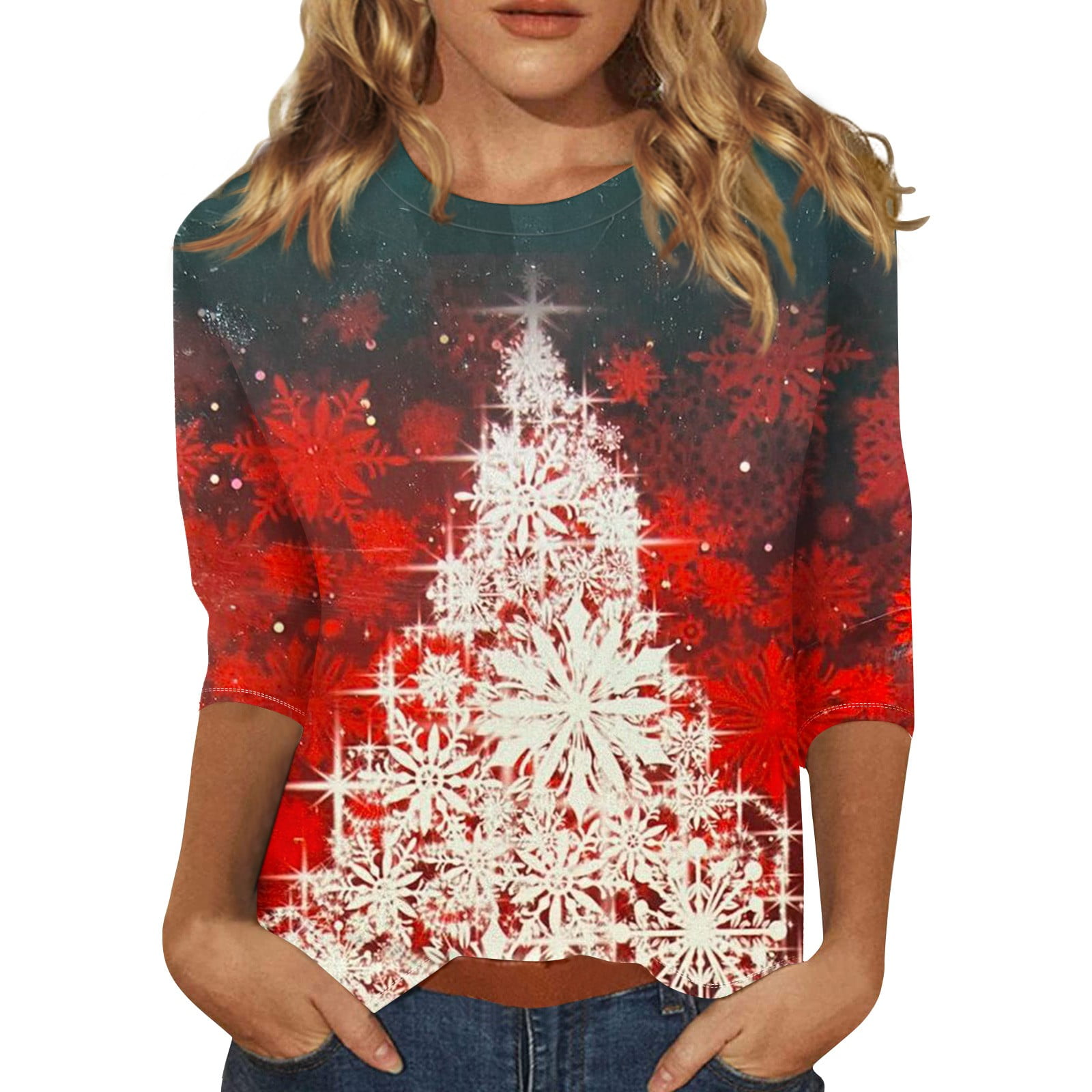 Ovticza Plus Size 3/4 Sleeve Christmas Tops Christmas Tree Funny ...