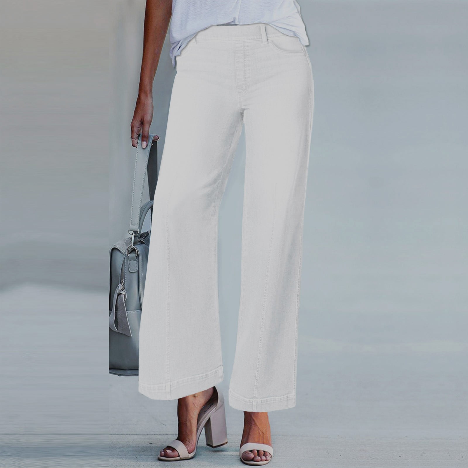 Ovticza Pull On Womens Jeans Baggy Stretchy High Waisted Denim Wide Leg ...