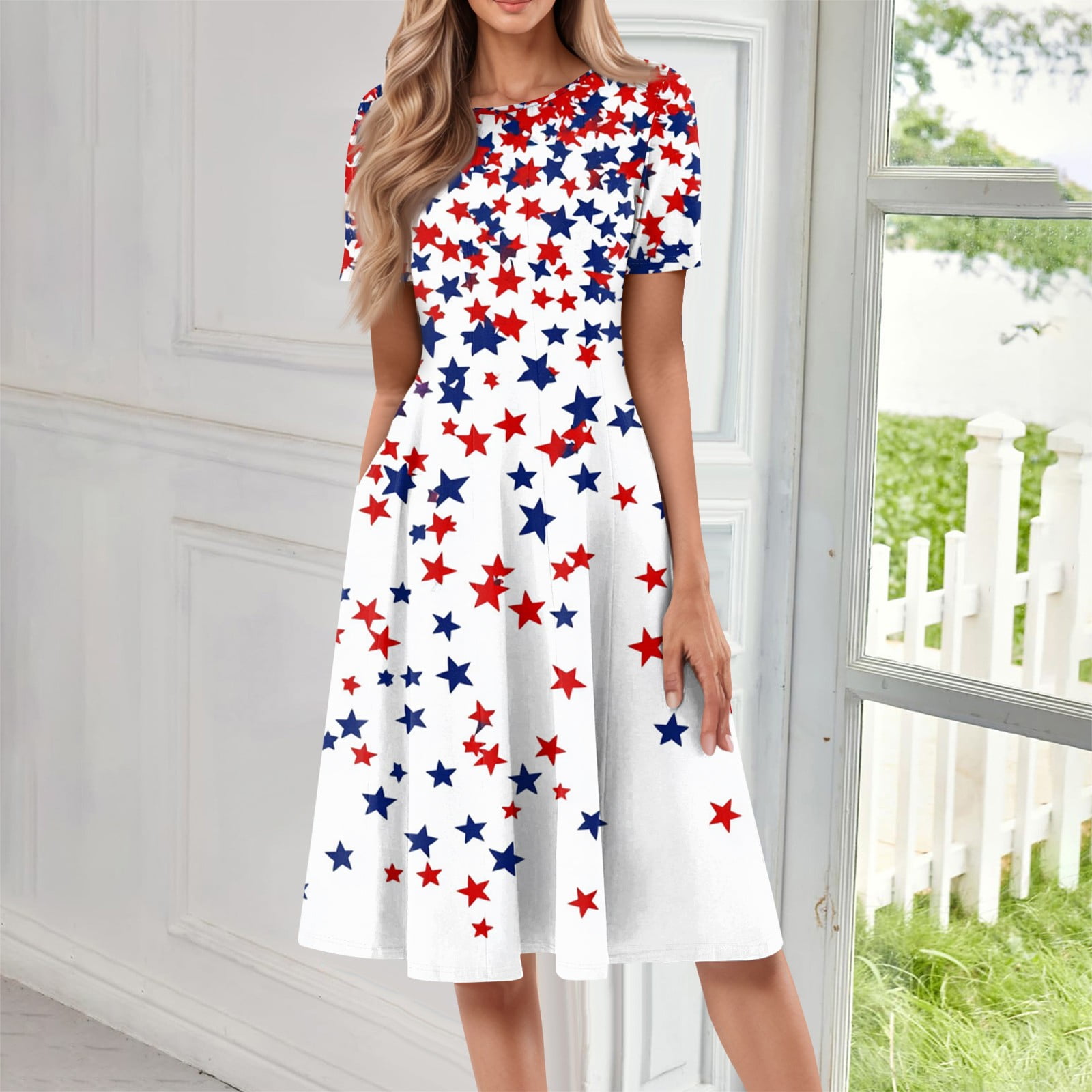 Ovticza Red White and Blue Graphic Dress Crew Neck Swing Flowy Midi ...