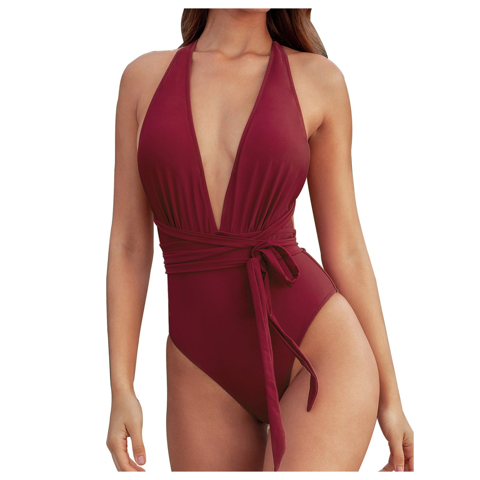 Ovticza Sexy Tie Criss Cross Plunge One Piece Thong Swimsuit High Cut