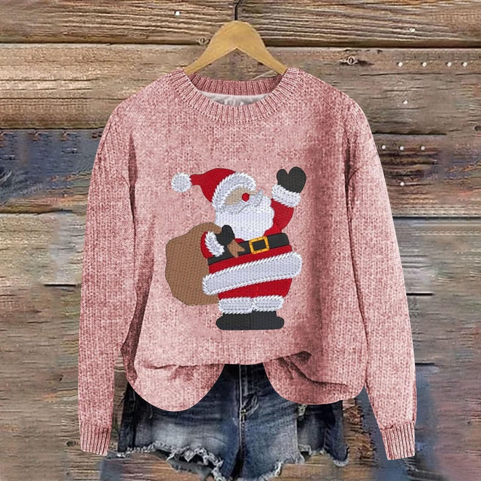 Ovticza Ugly Christmas Sweater Crew Neck Santa Claus Womens Long ...